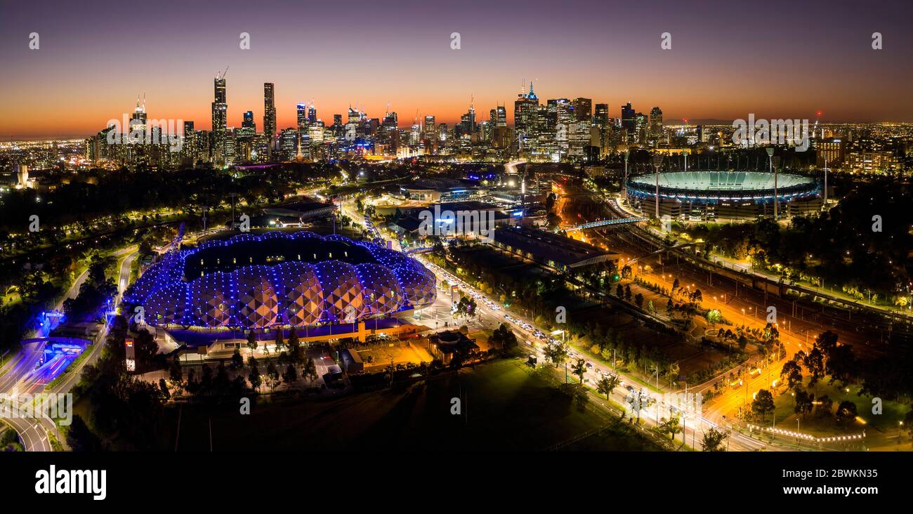 Melbourne Australia May 15th 2020 : Aerial panoramic night view of AAMI ...