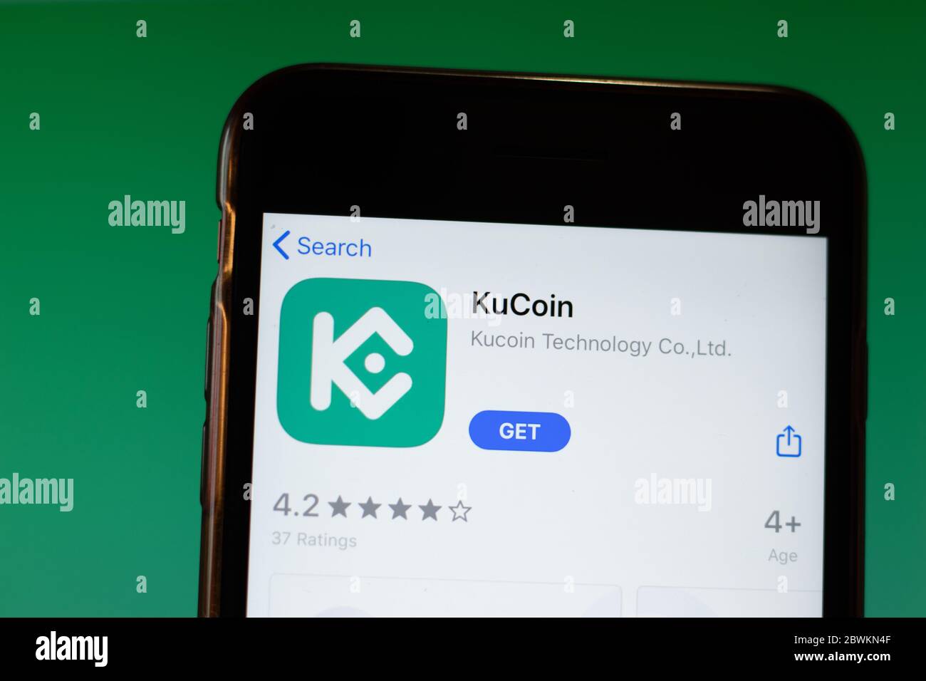 Moscow, Russia - 1 June 2020: KuCoin app mobile logo close-up on screen ...