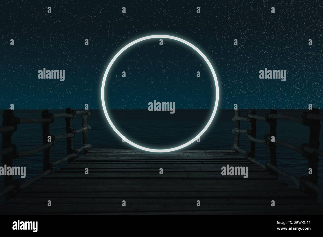 3d rendering of lighten circle on wooden bridge in front of ocean and ...