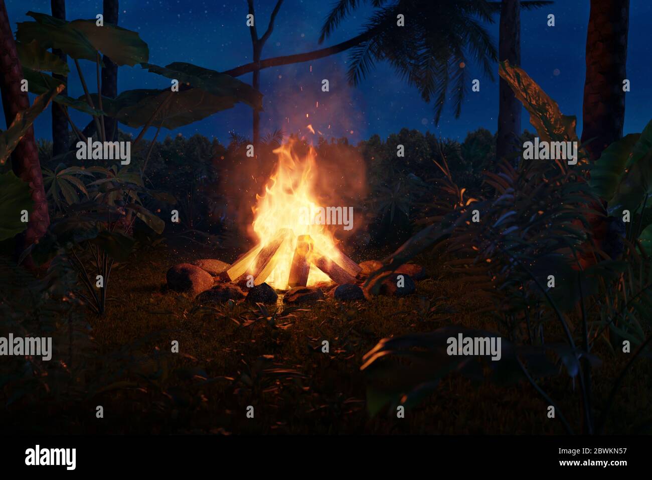 3d rendering of big bonfire with sparks in the jungle forest at the ...