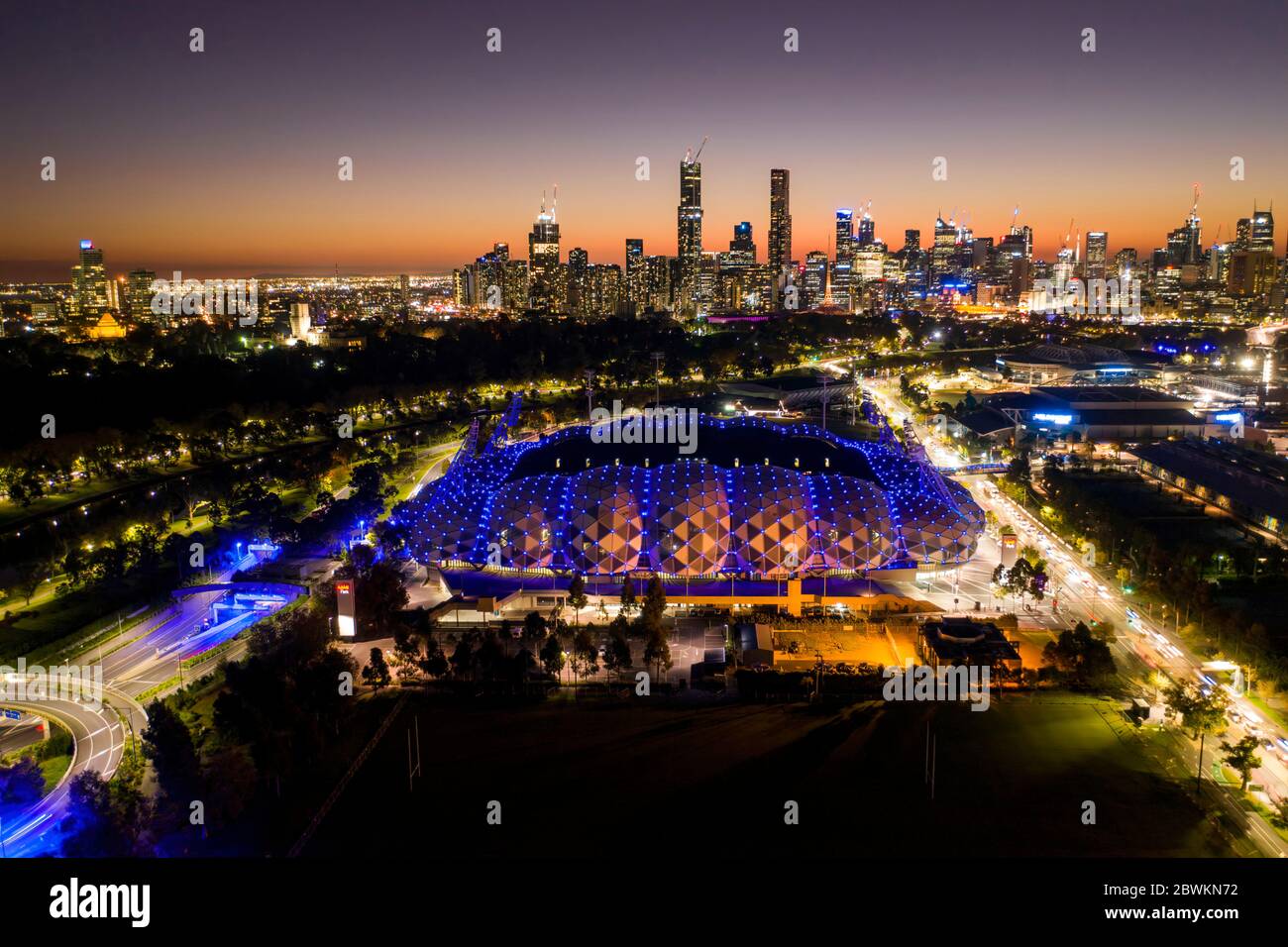 Melbourne Australia May 15th 2020 : Aerial night view of AAMI stadium ...