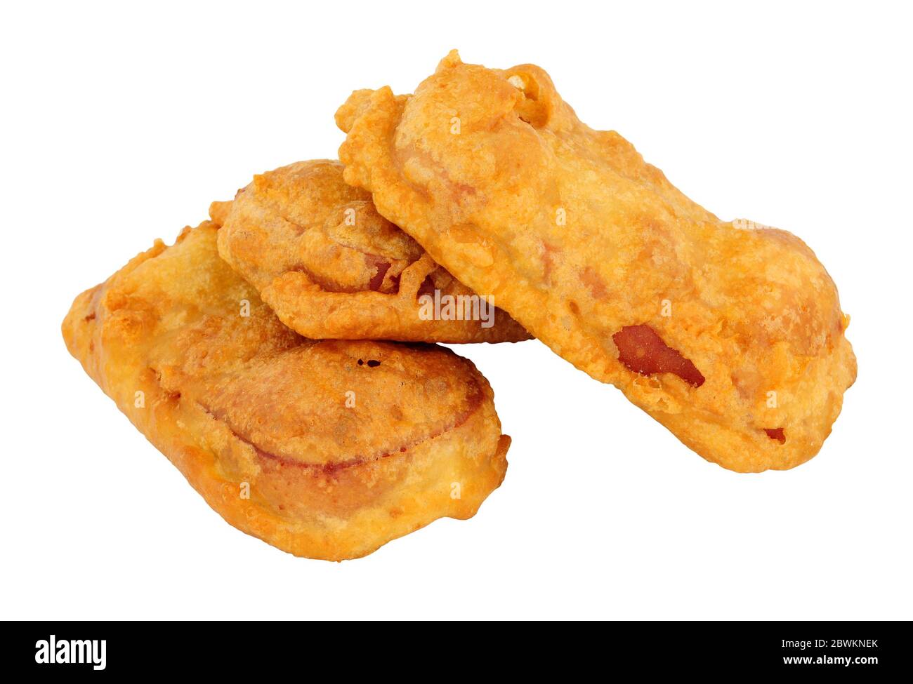 Batter covered fried spam luncheon meat fritters isolated on a white ...
