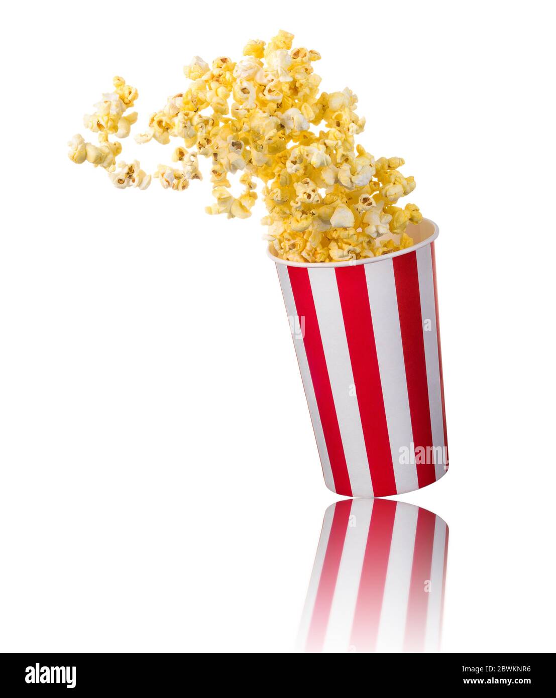 Flying popcorn from paper striped bucket isolated on white background ...
