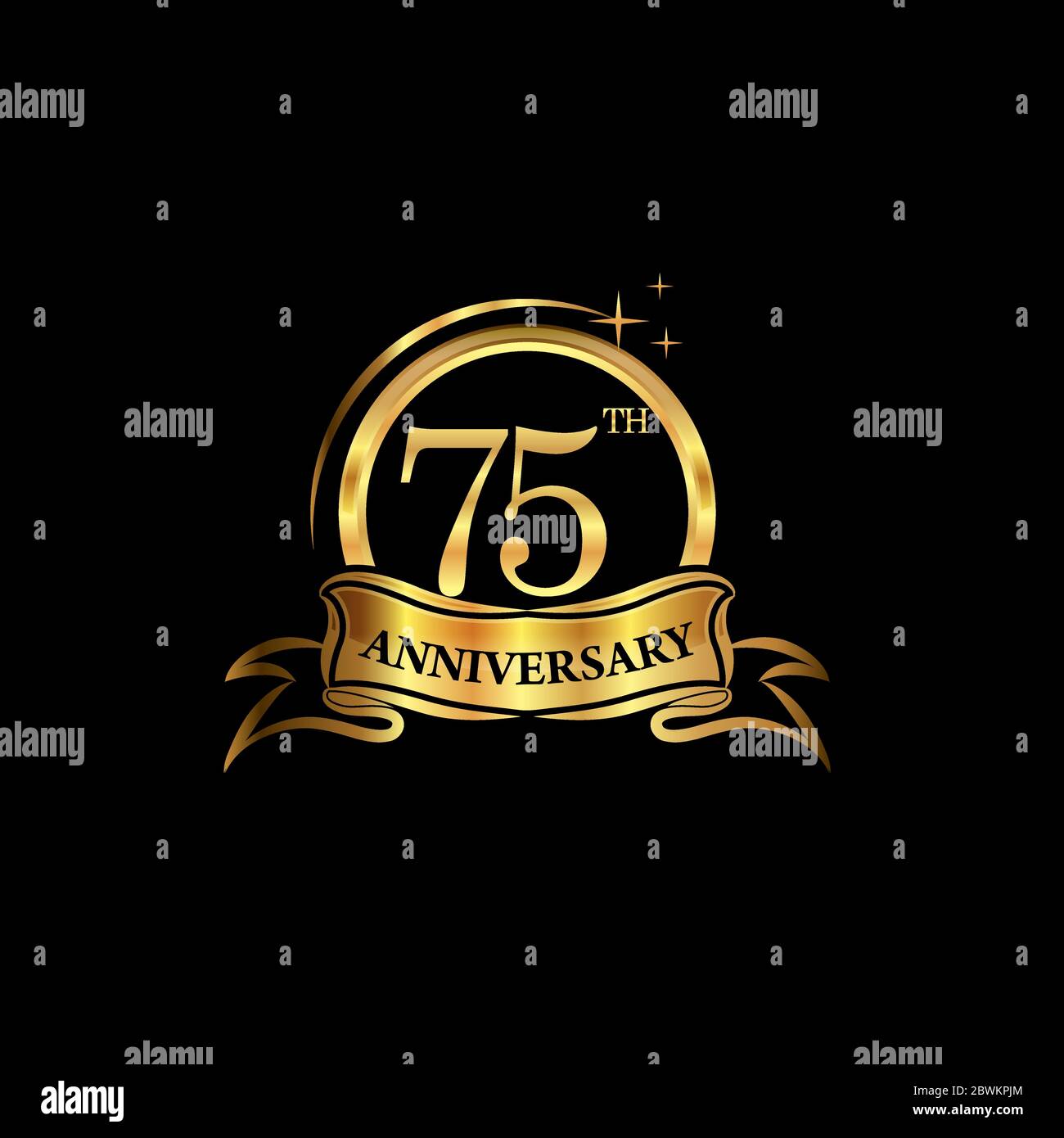 75th anniversary design logotype golden color with ring and gold ribbon ...
