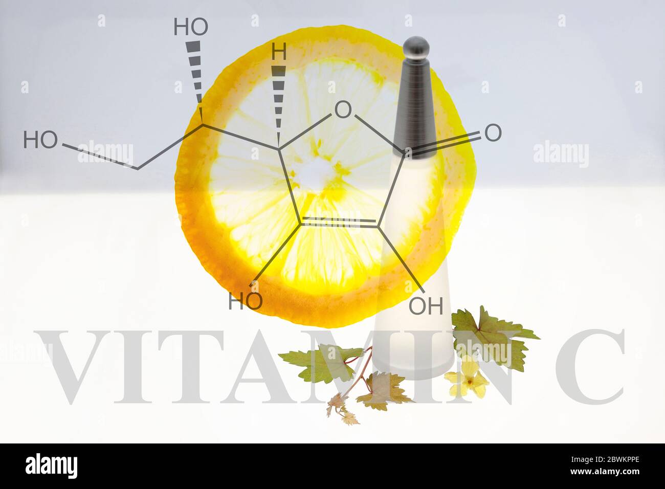 a modern triangle bottle with a slide of lemon and vitamin C molecular ...