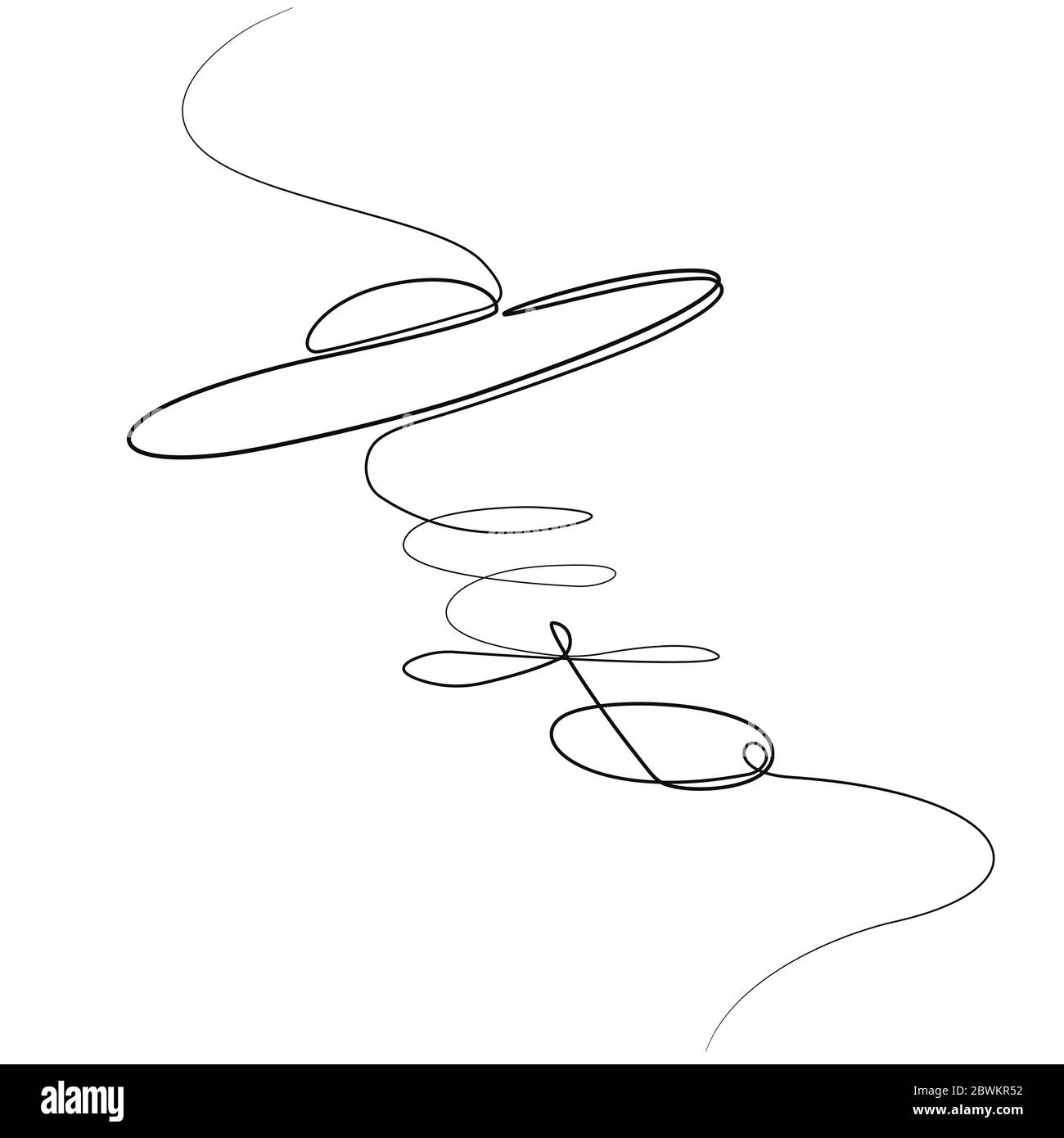 Unidentified flying object drawn by a solid line by hand on a white ...