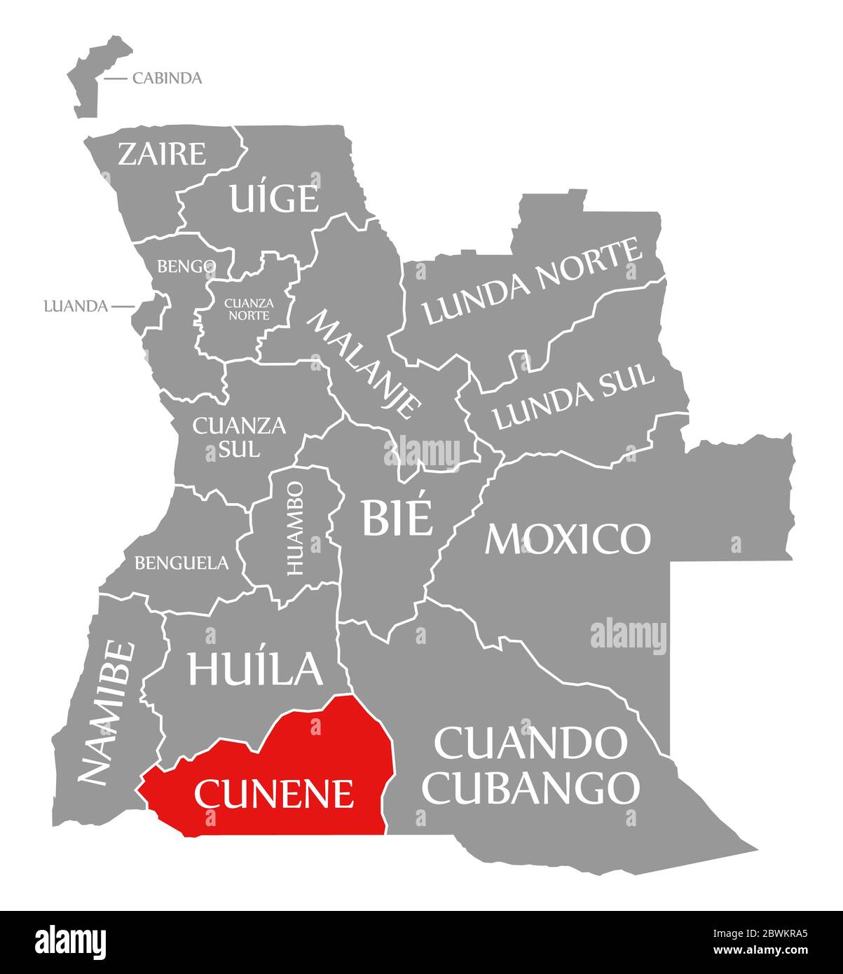 Cunene red highlighted in map of Angola Stock Photo - Alamy
