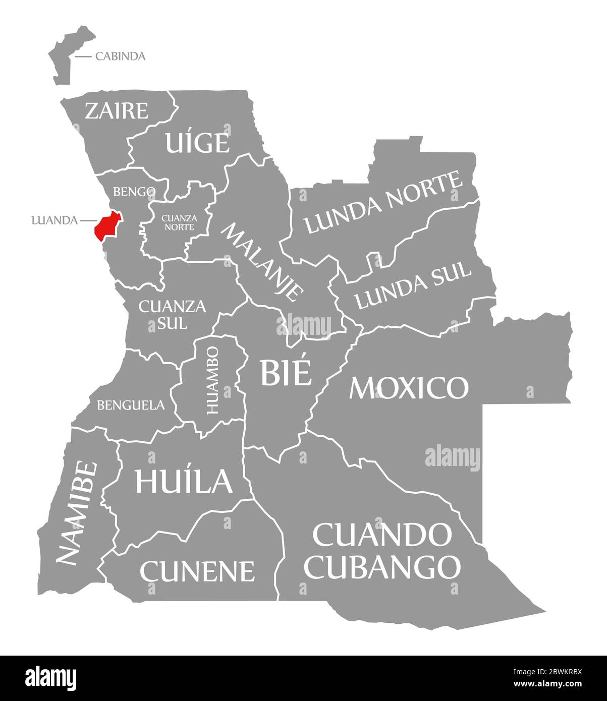 Luanda red highlighted in map of Angola Stock Photo - Alamy