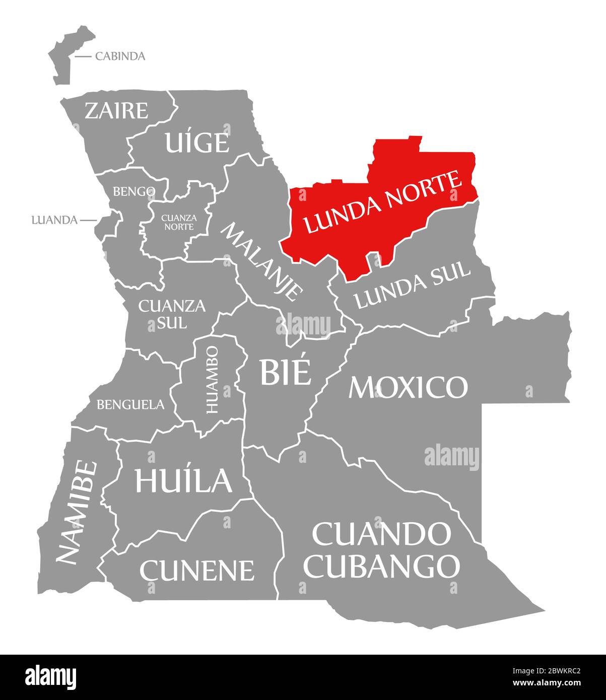 Lunda Norte red highlighted in map of Angola Stock Photo - Alamy