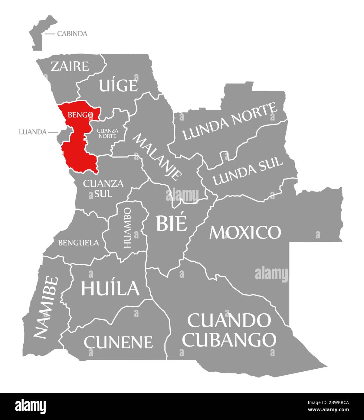 Bengo red highlighted in map of Angola Stock Photo - Alamy