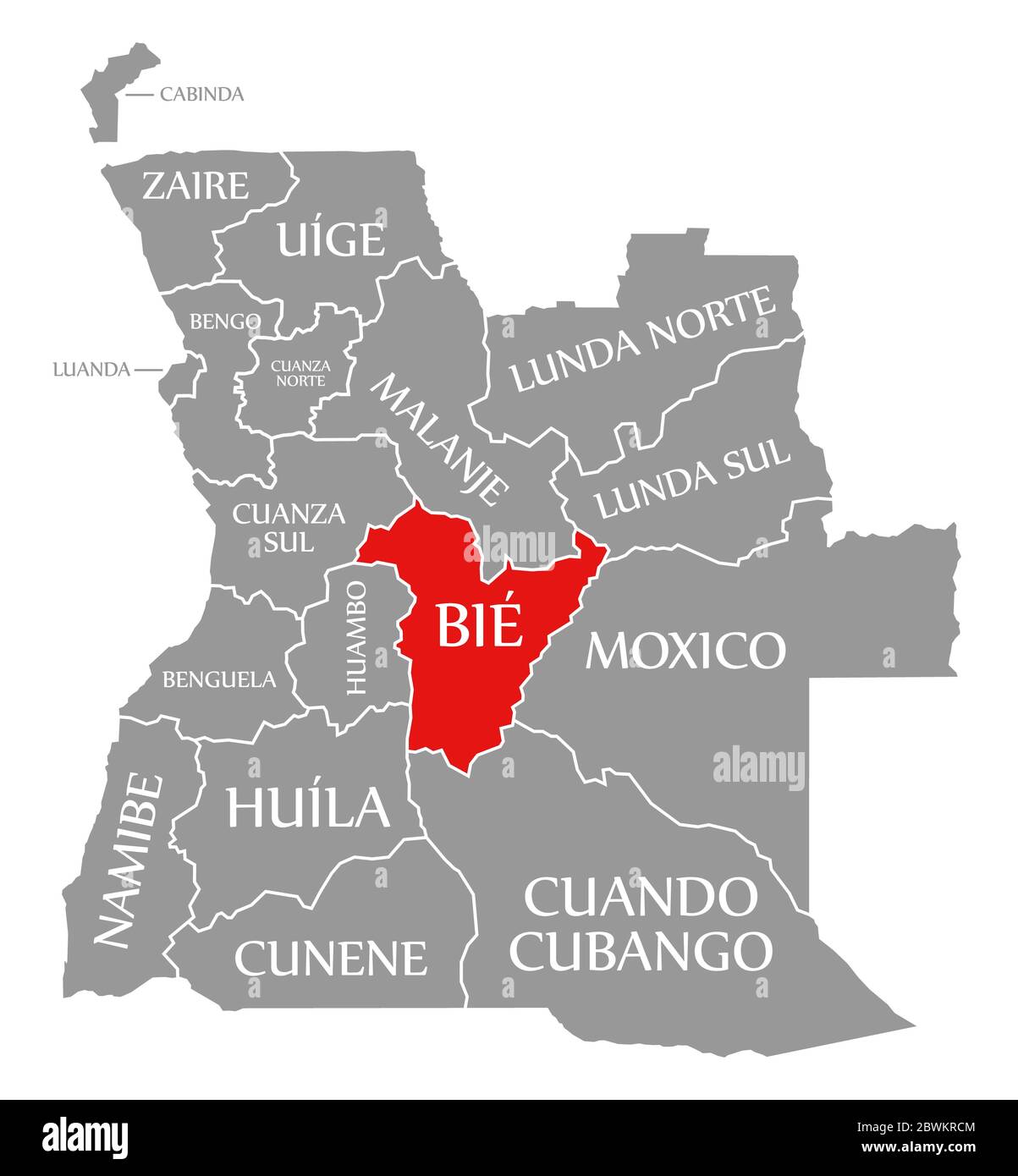 Bie red highlighted in map of Angola Stock Photo - Alamy