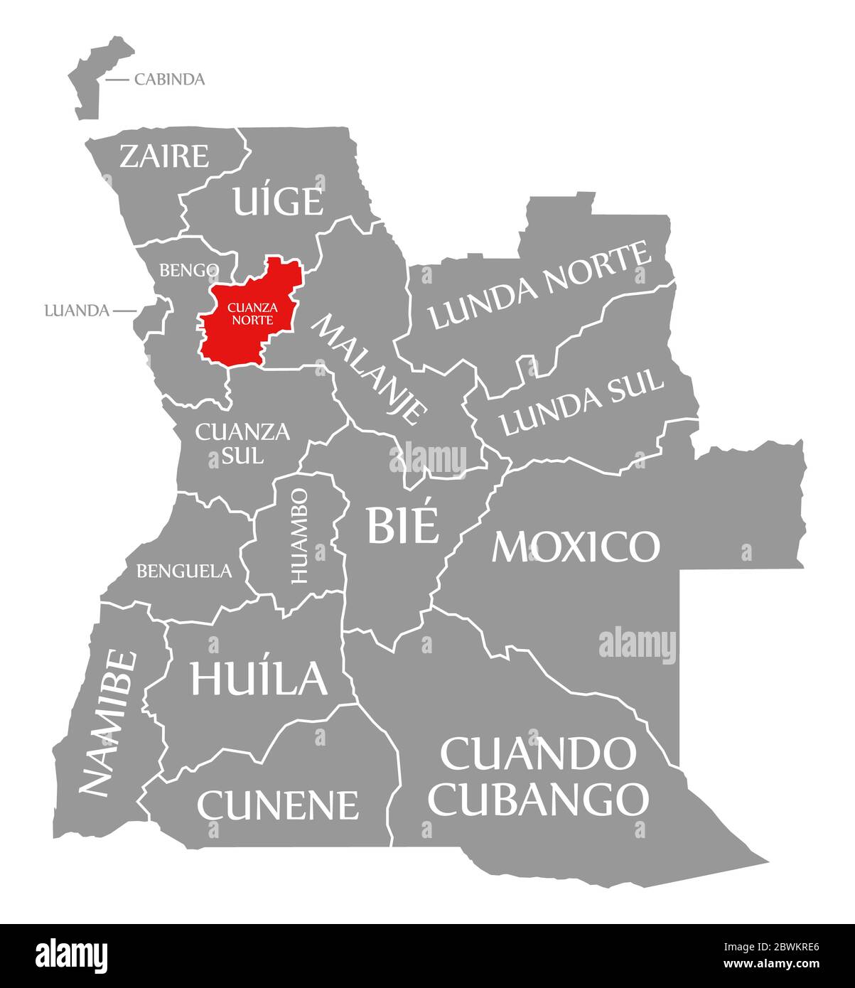 Cuanza Norte red highlighted in map of Angola Stock Photo - Alamy