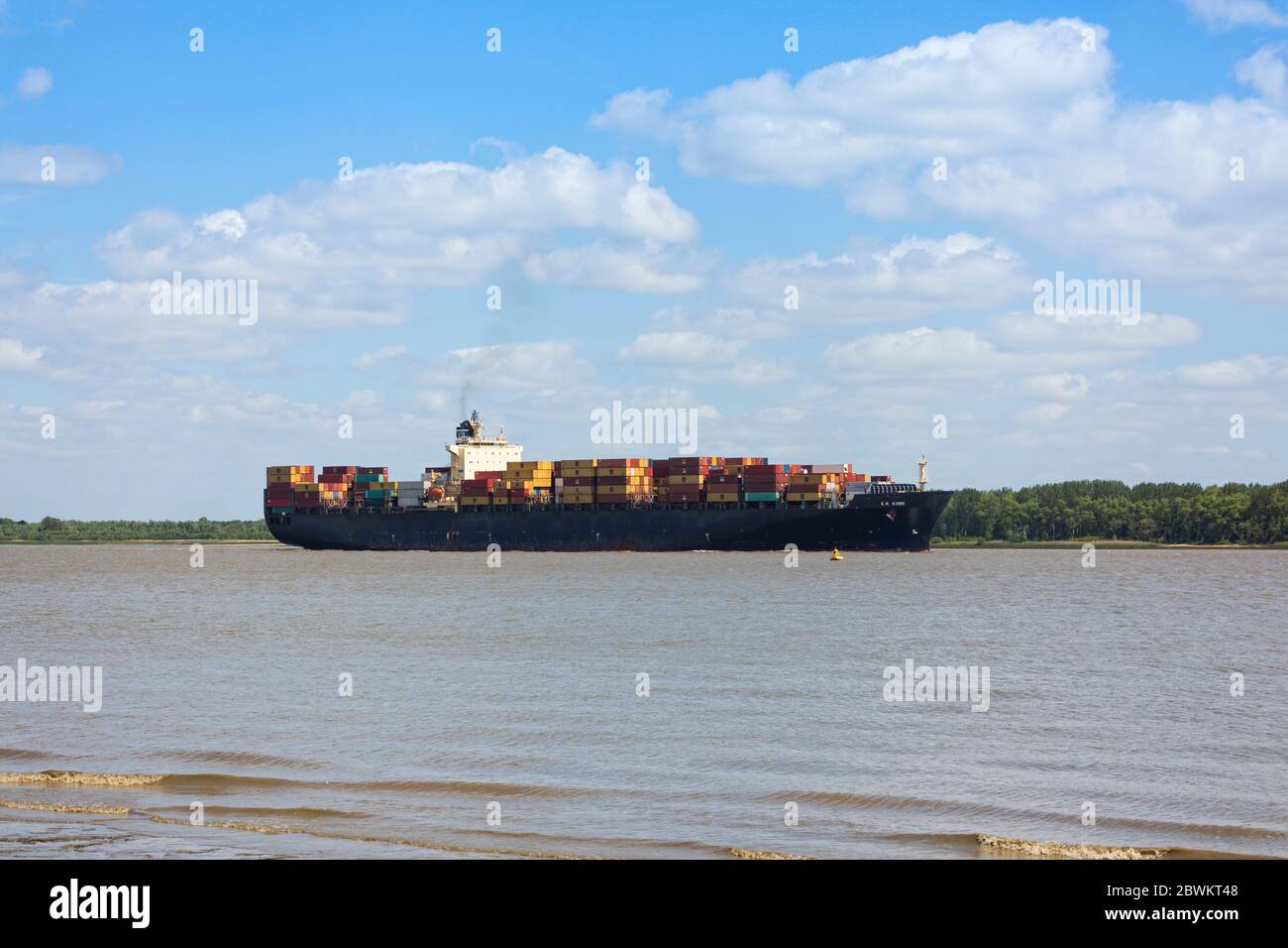 Stade, Germany - May28, 2020: Container ship ER KOBE on Elbe river ...
