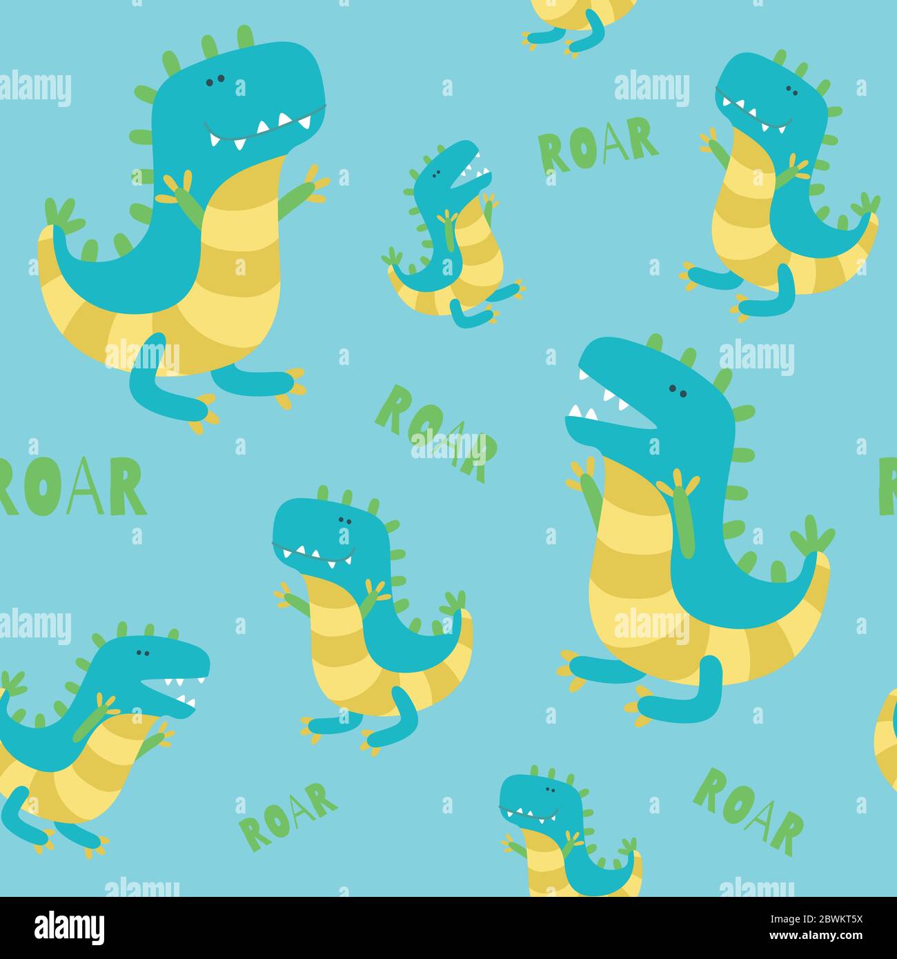 Dinosaur seamless pattern. Roaring Dinos on blue background. Vector ...