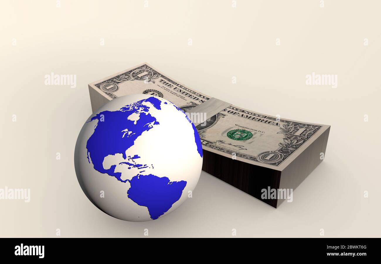 The earth globe in blue colored map with american us dollars. Business ...