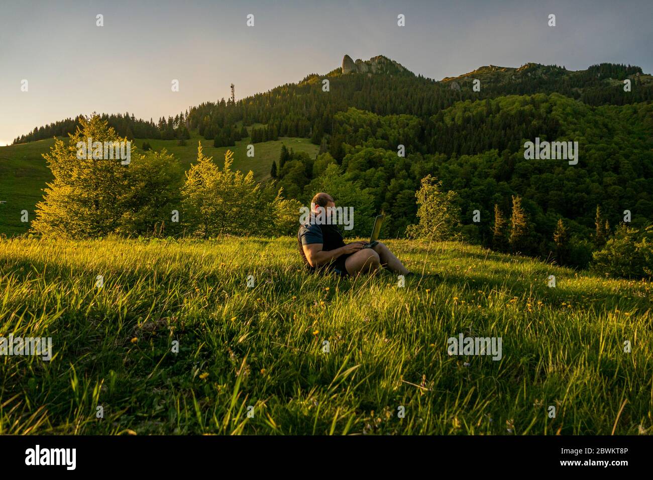 man working outdoors with laptop. Green spring mountain landscape Stock ...