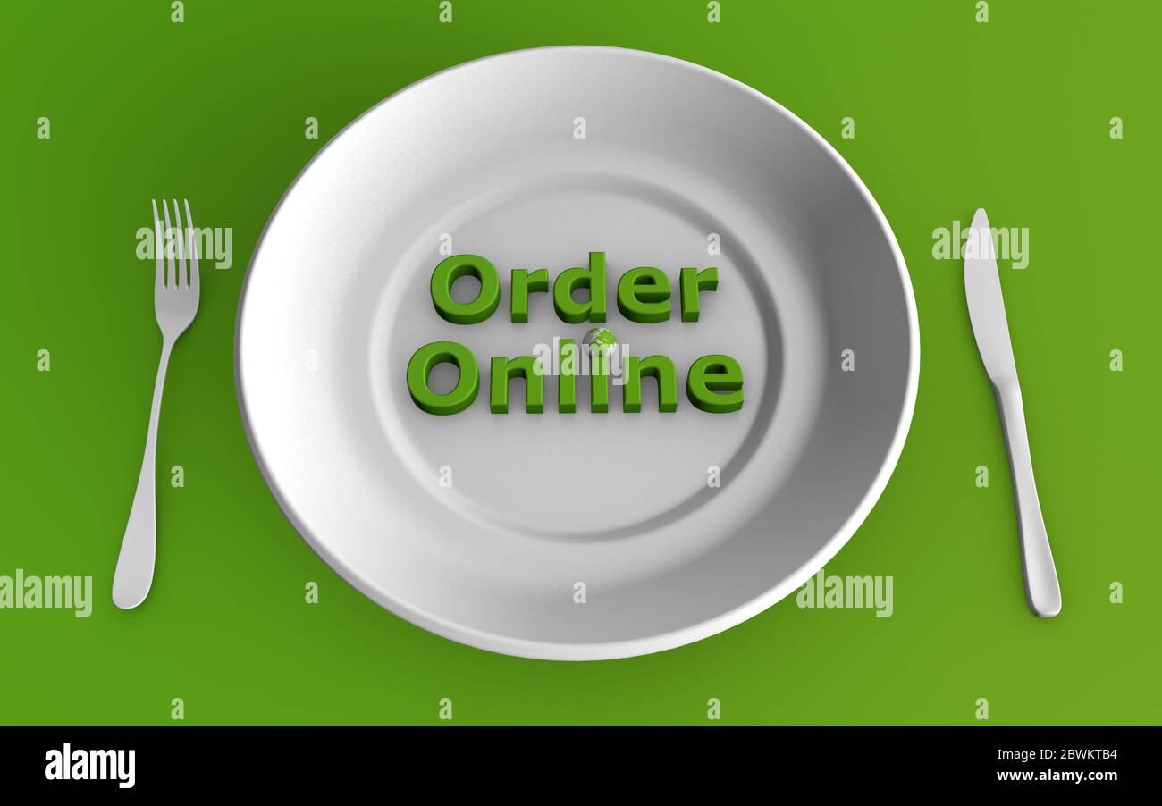 3d rendering of ordering food online concept with a dining set on green ...