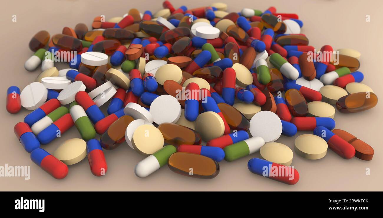 Scattered pills background medical 3d rendered concept Stock Photo - Alamy