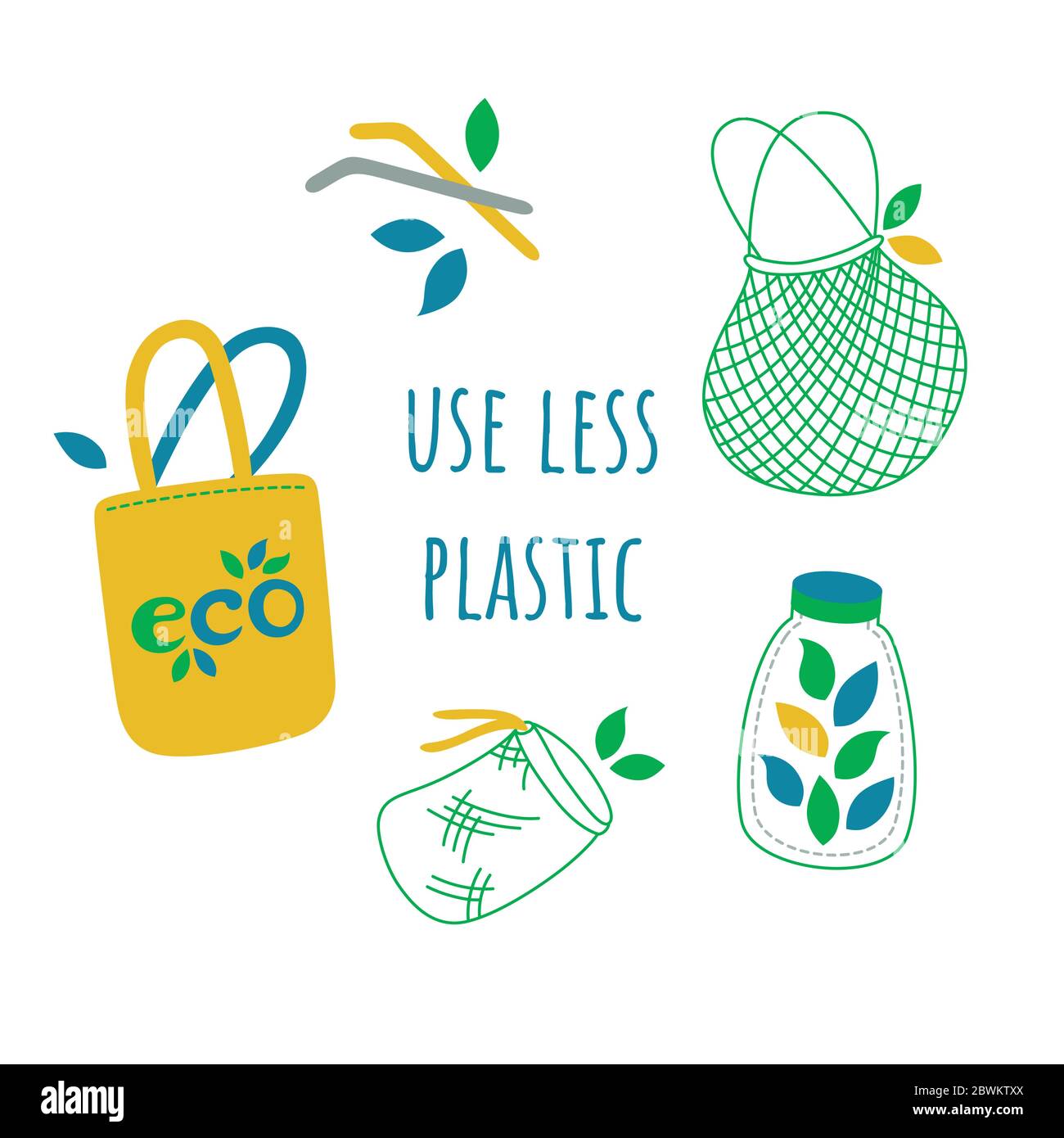 Zero waste set. Eco bags and other things against plastic. Vector ...