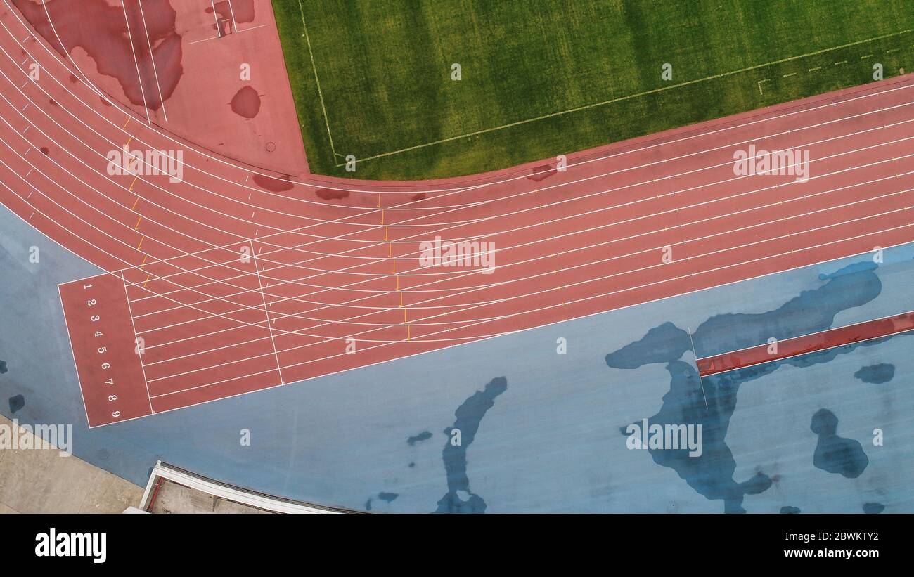 Aerial view of track and field stadium on a cloudy day after rain Stock ...