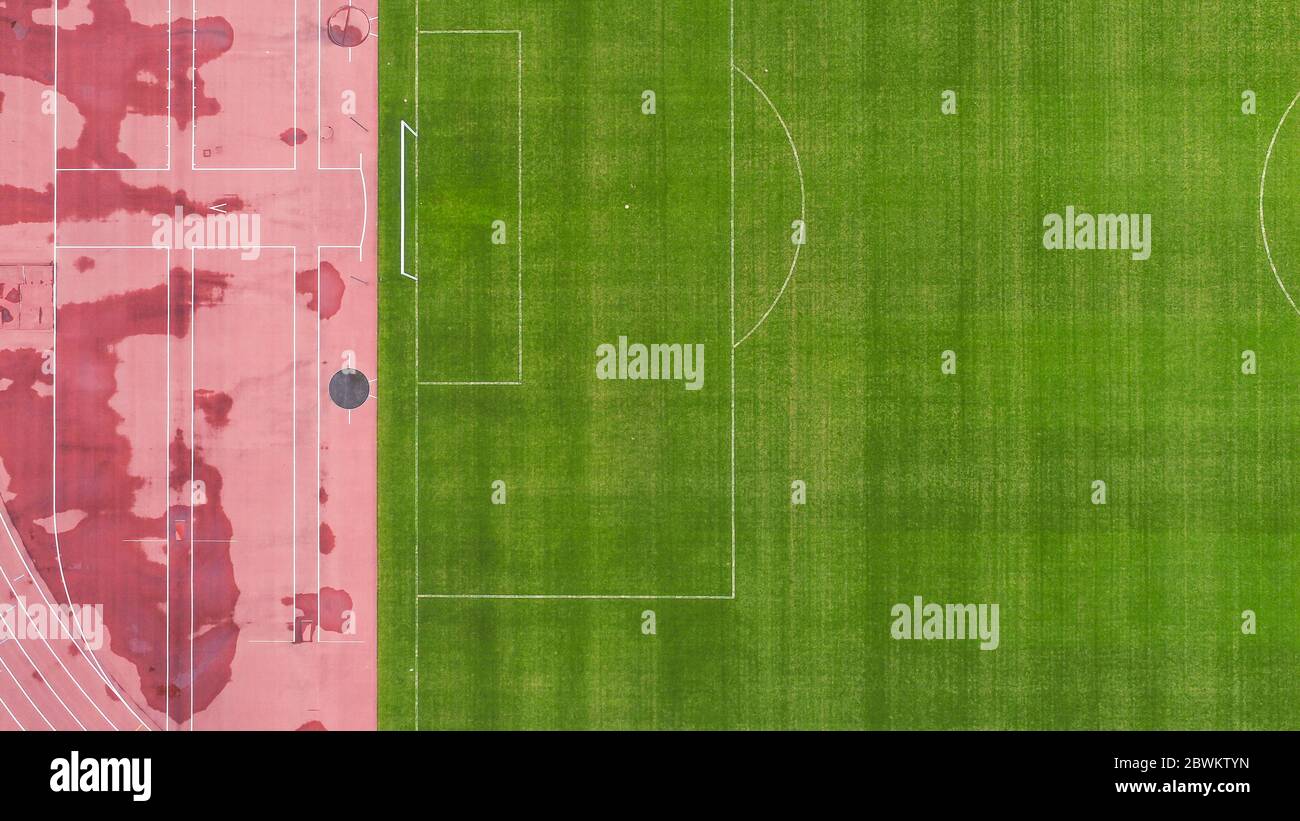 Aerial view of track and field stadium on a cloudy day after rain Stock ...