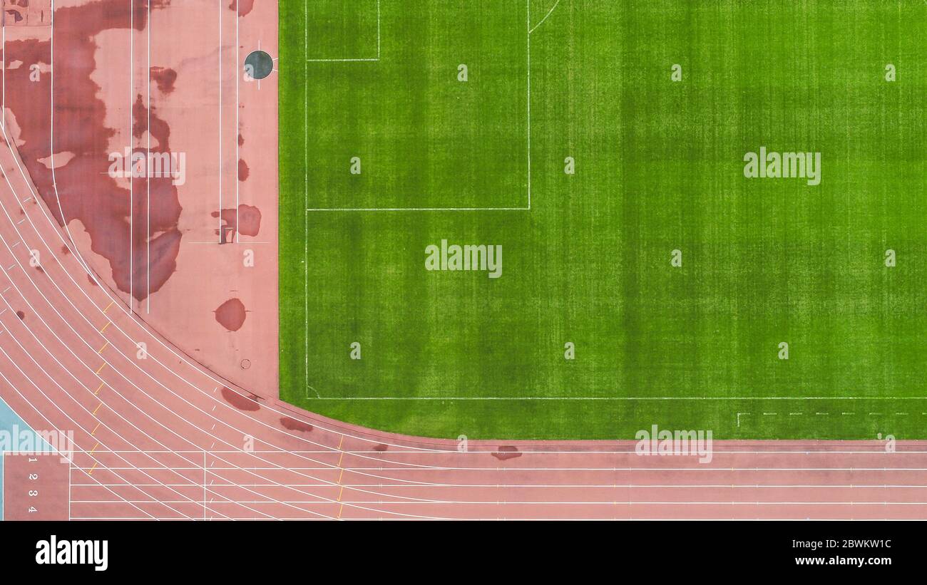 Aerial view of track and field stadium on a cloudy day after rain Stock ...
