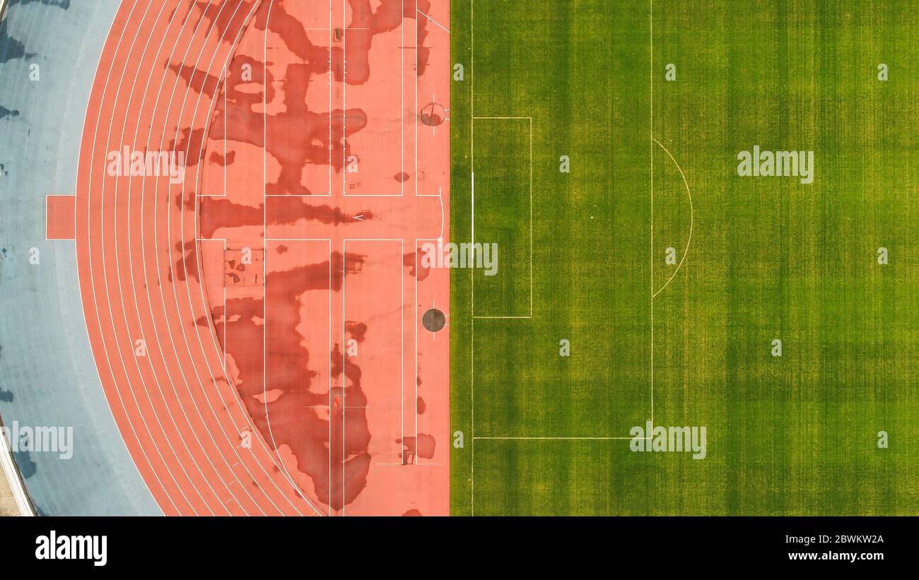 Aerial view of track and field stadium on a cloudy day after rain Stock ...