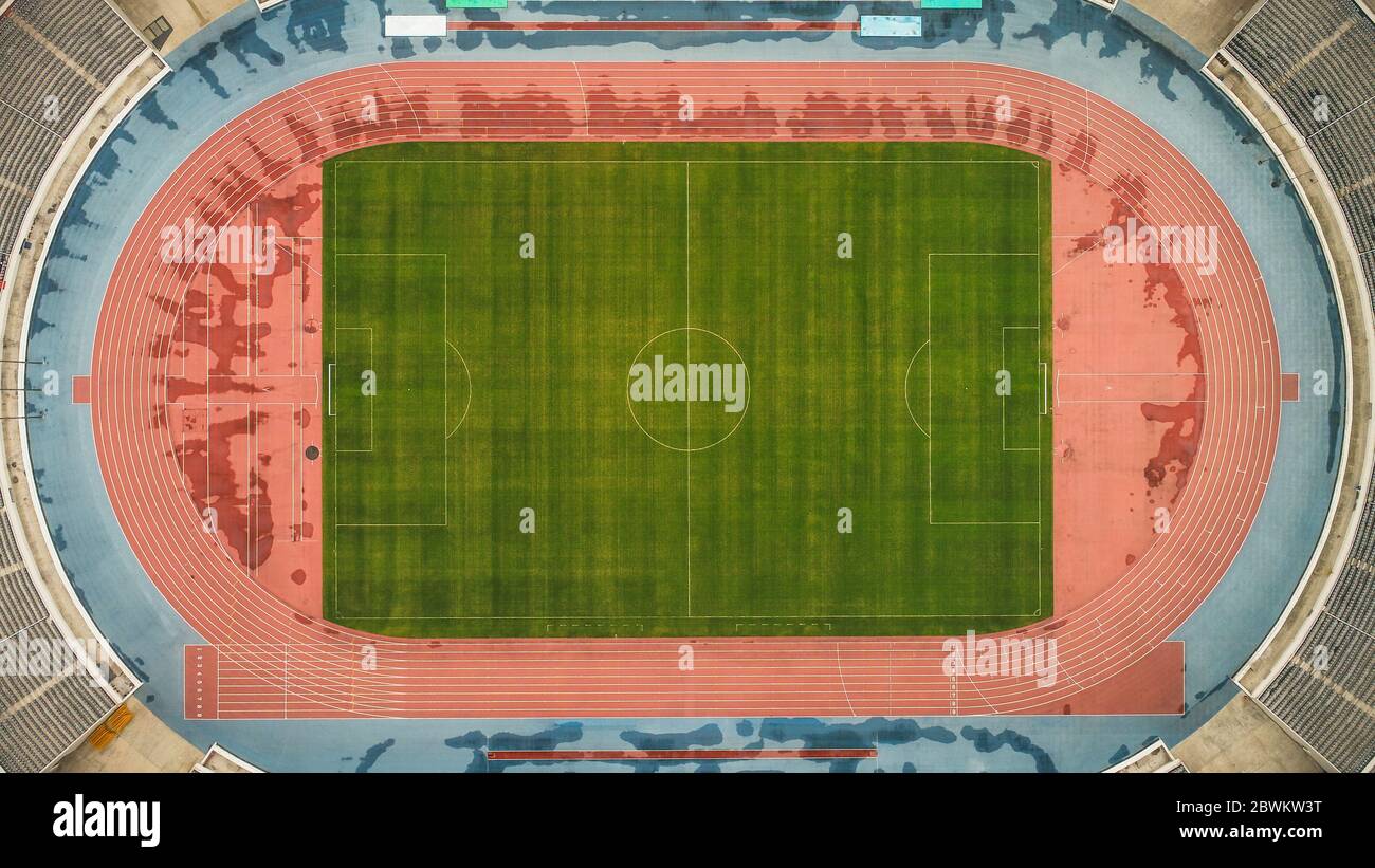 Aerial view of track and field stadium on a cloudy day after rain Stock ...