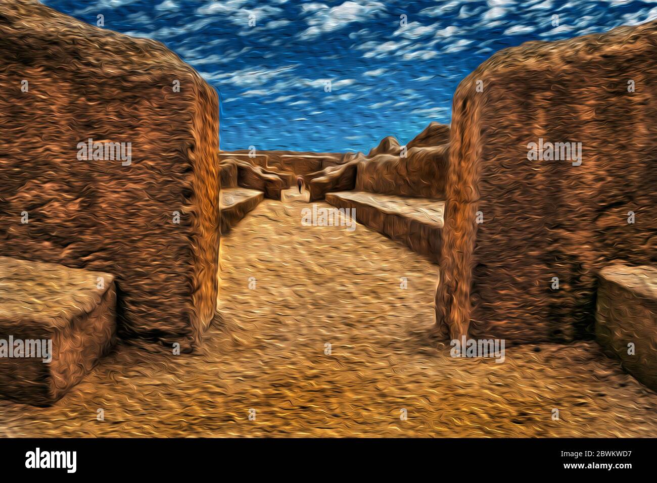 Passageway through ruins of mud walls in the archaeological site of ...