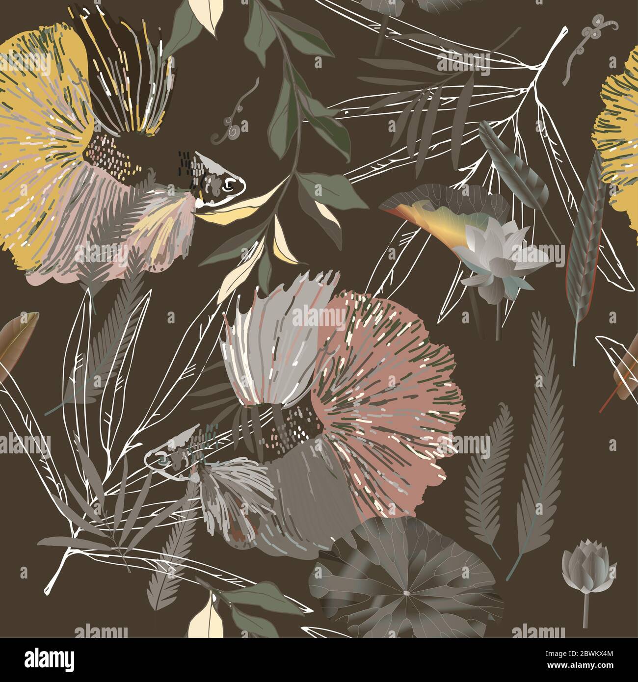 Endless pattern with fishes and algae. Water lilies and palm leaves ...