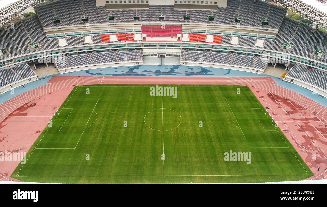 Aerial view of track and field stadium on a cloudy day after rain Stock ...