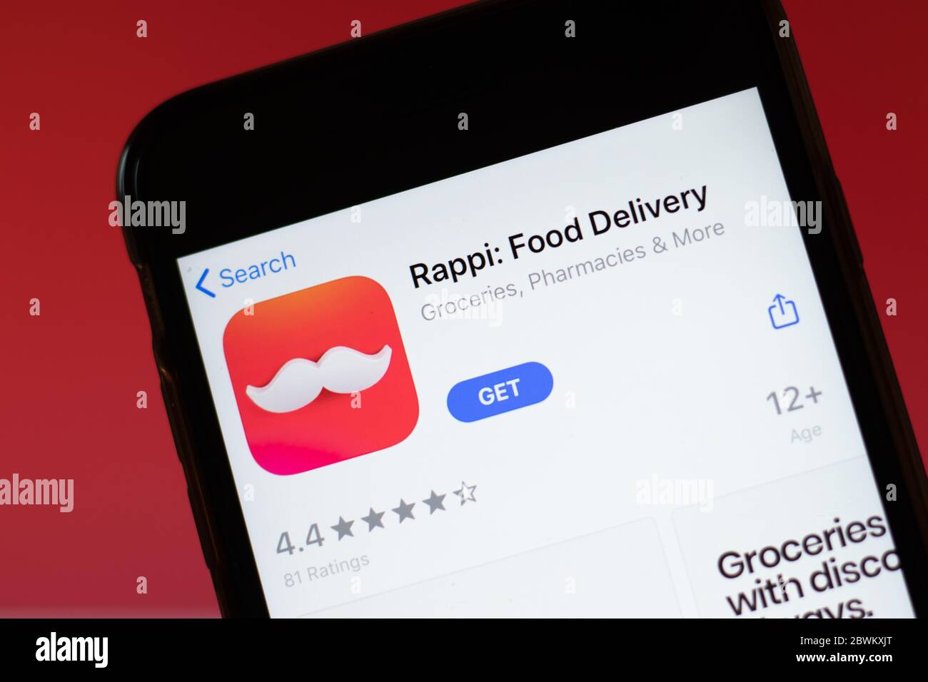 Moscow, Russia - 1 June 2020: Rappi Food Delivery app mobile logo close ...