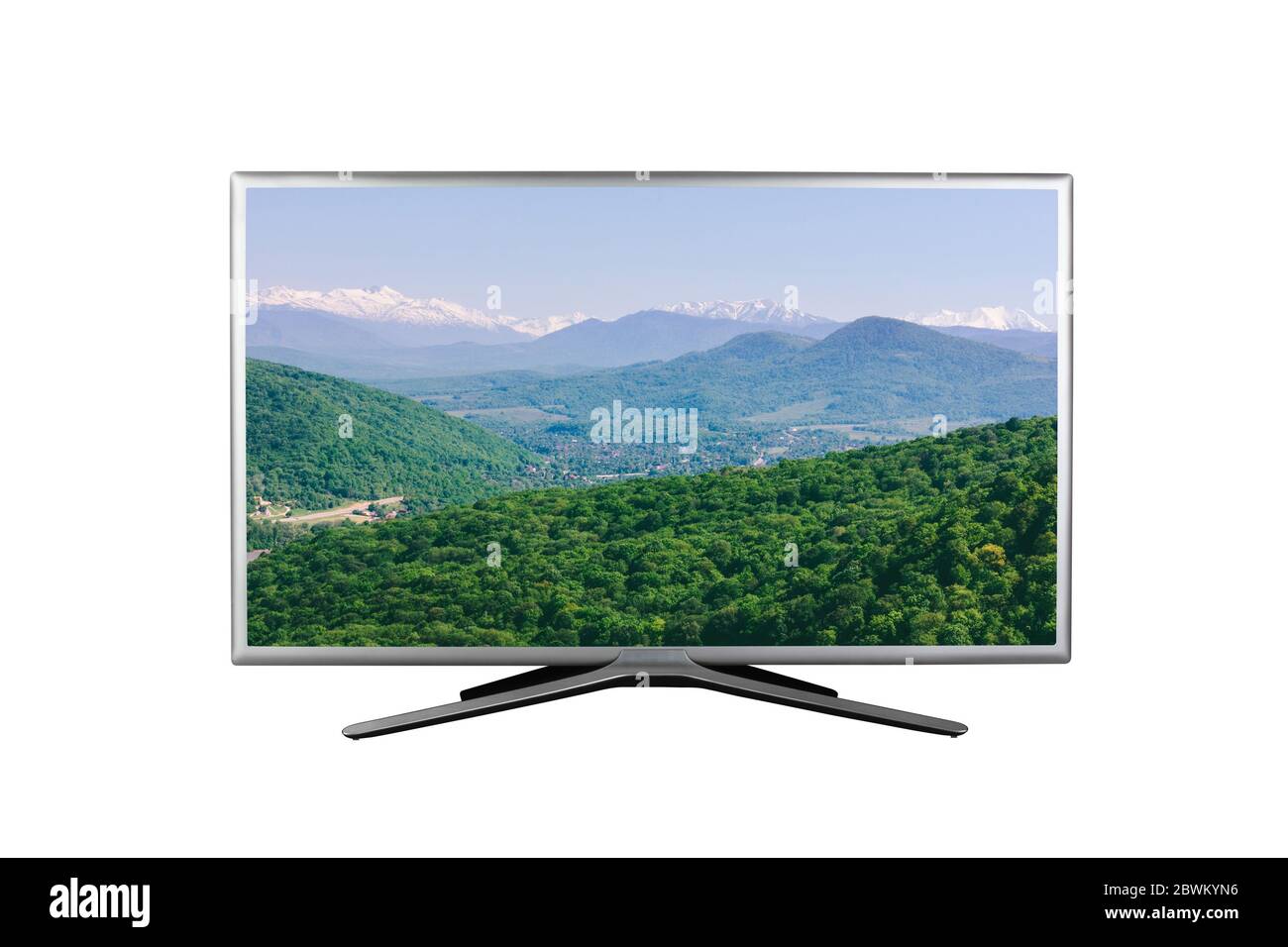 4K monitor or TV with a summer or spring mountain landscape on the ...