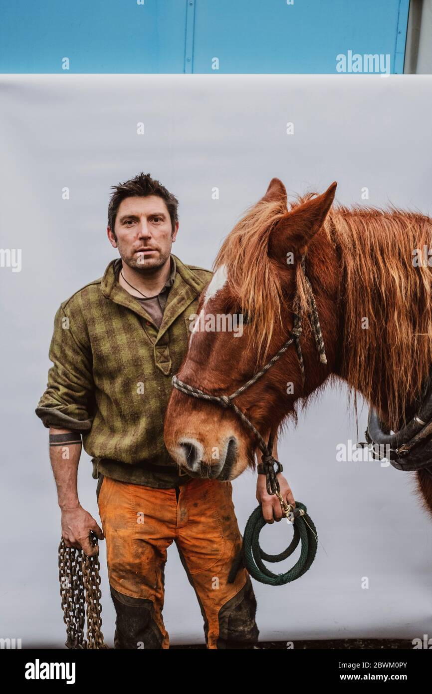 Portrait of a logger with one of his work horses Stock Photo - Alamy
