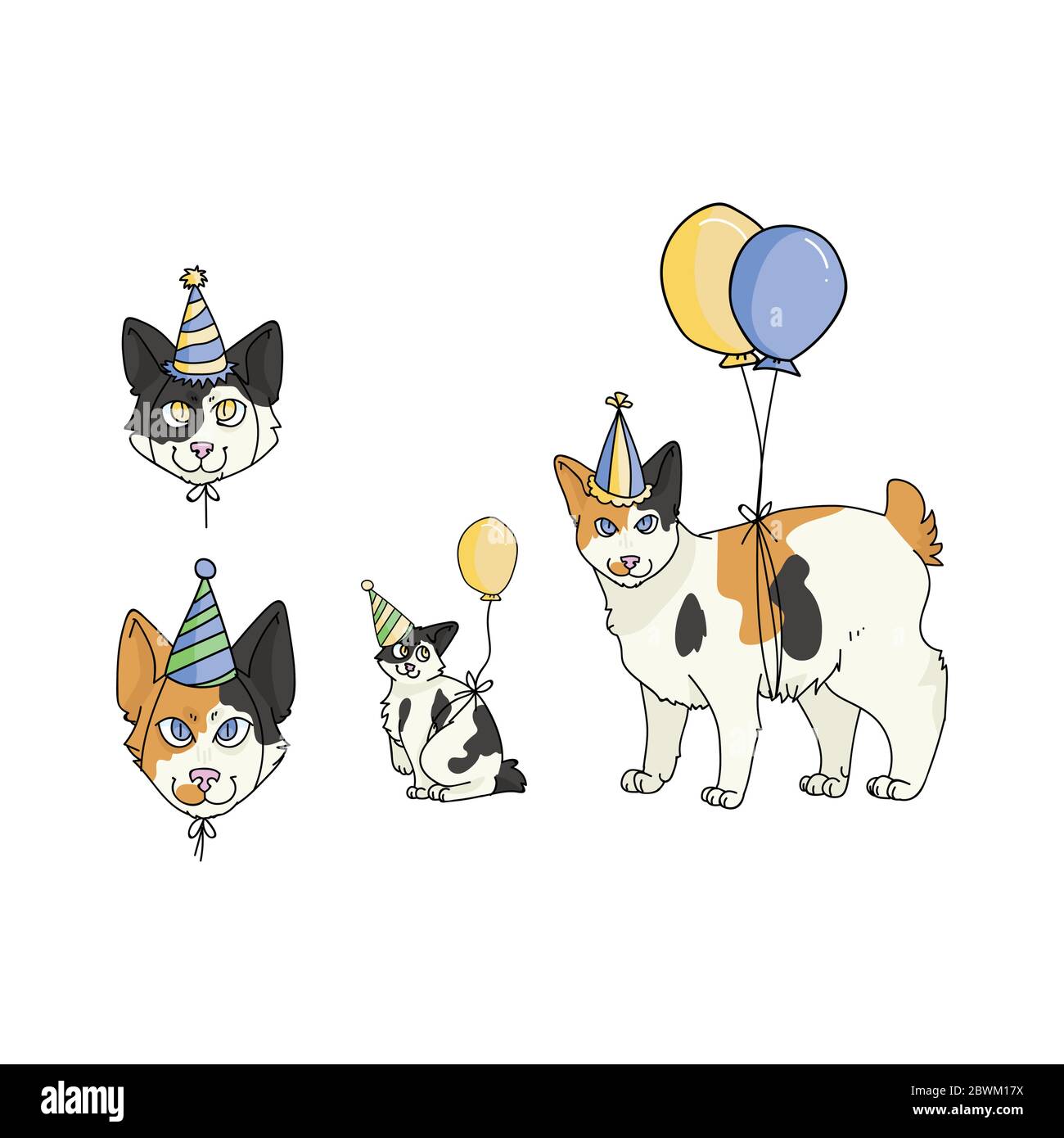 Cute cartoon ragdoll cat party set vector clipart. Pedigree kitty breed ...