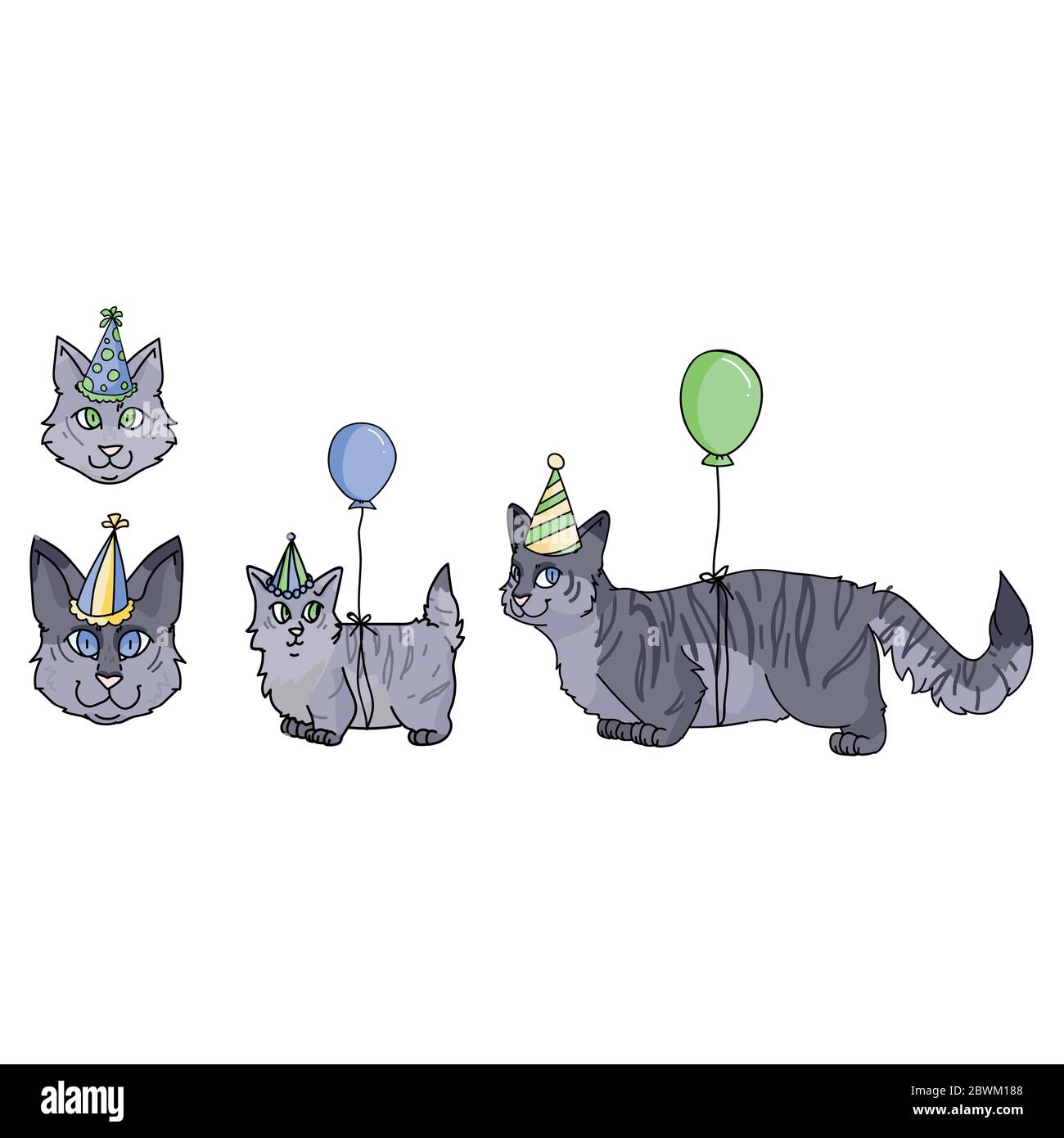 Cute cartoon munchkin cat party set vector clipart. Pedigree kitty ...