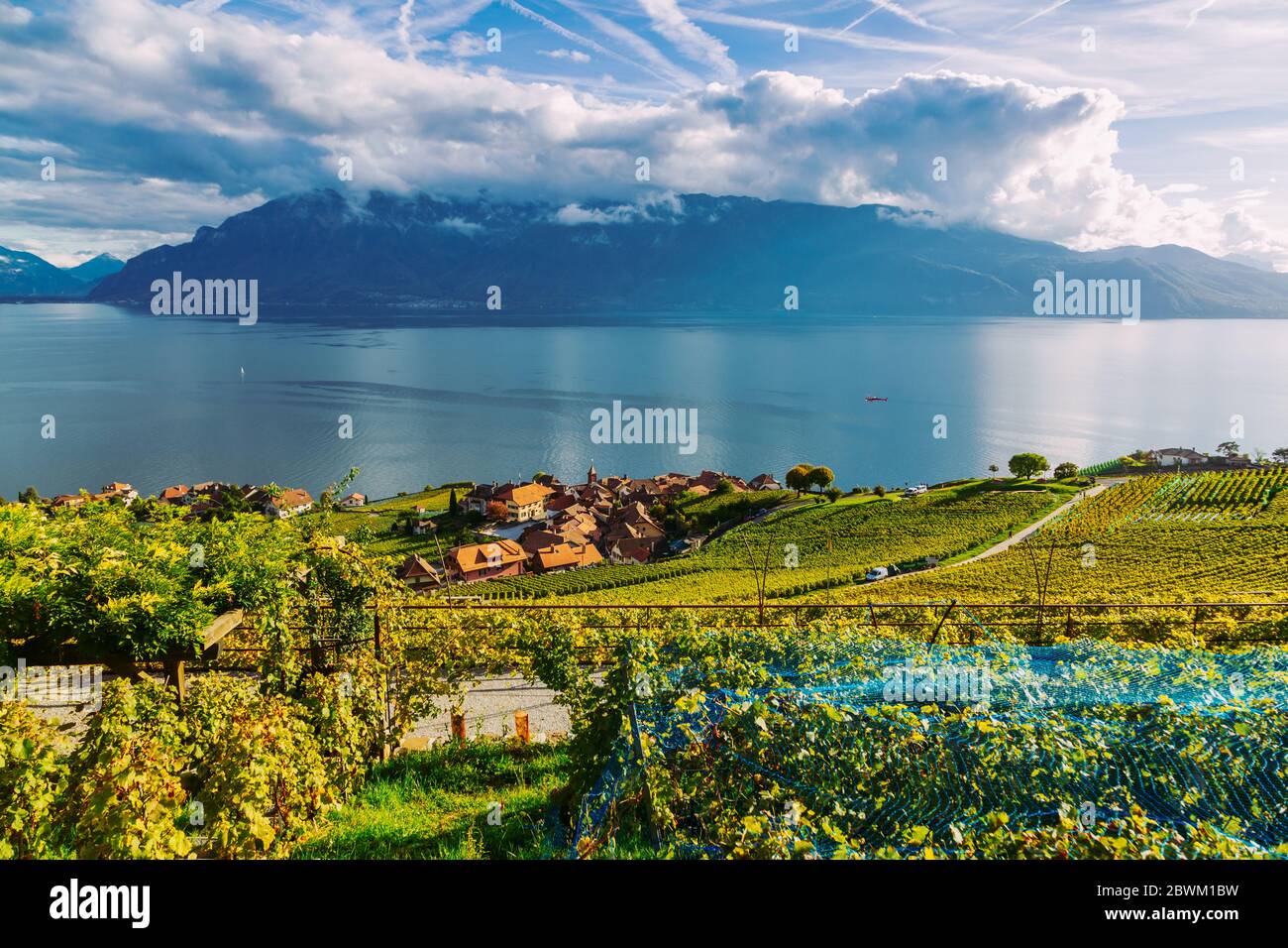 Lavaux, Switzerland: Little town, Lake Geneva and the Swiss Alps ...