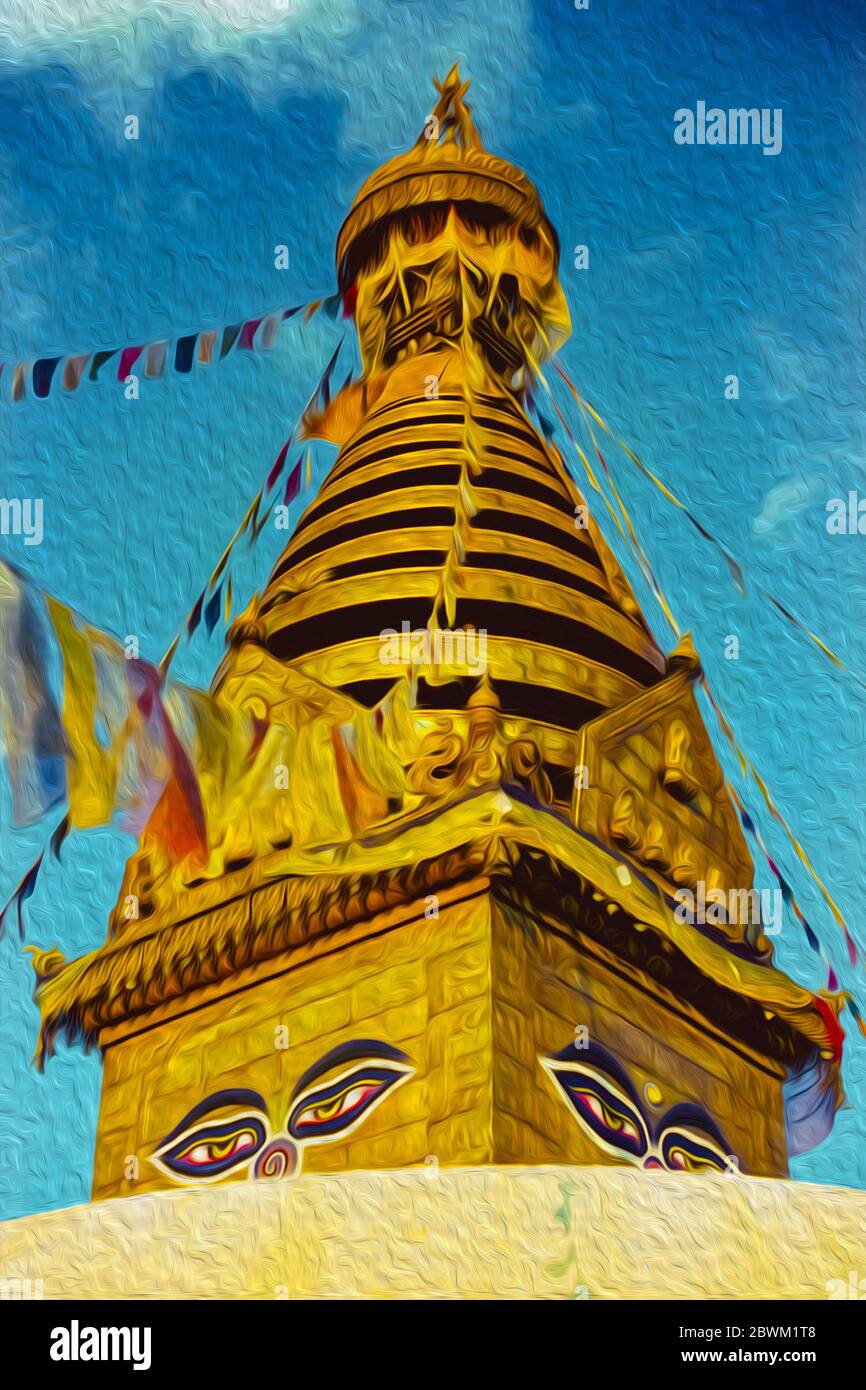 Colorful Buddha eyes painted on the top of a Stupa, a richly decorated ...