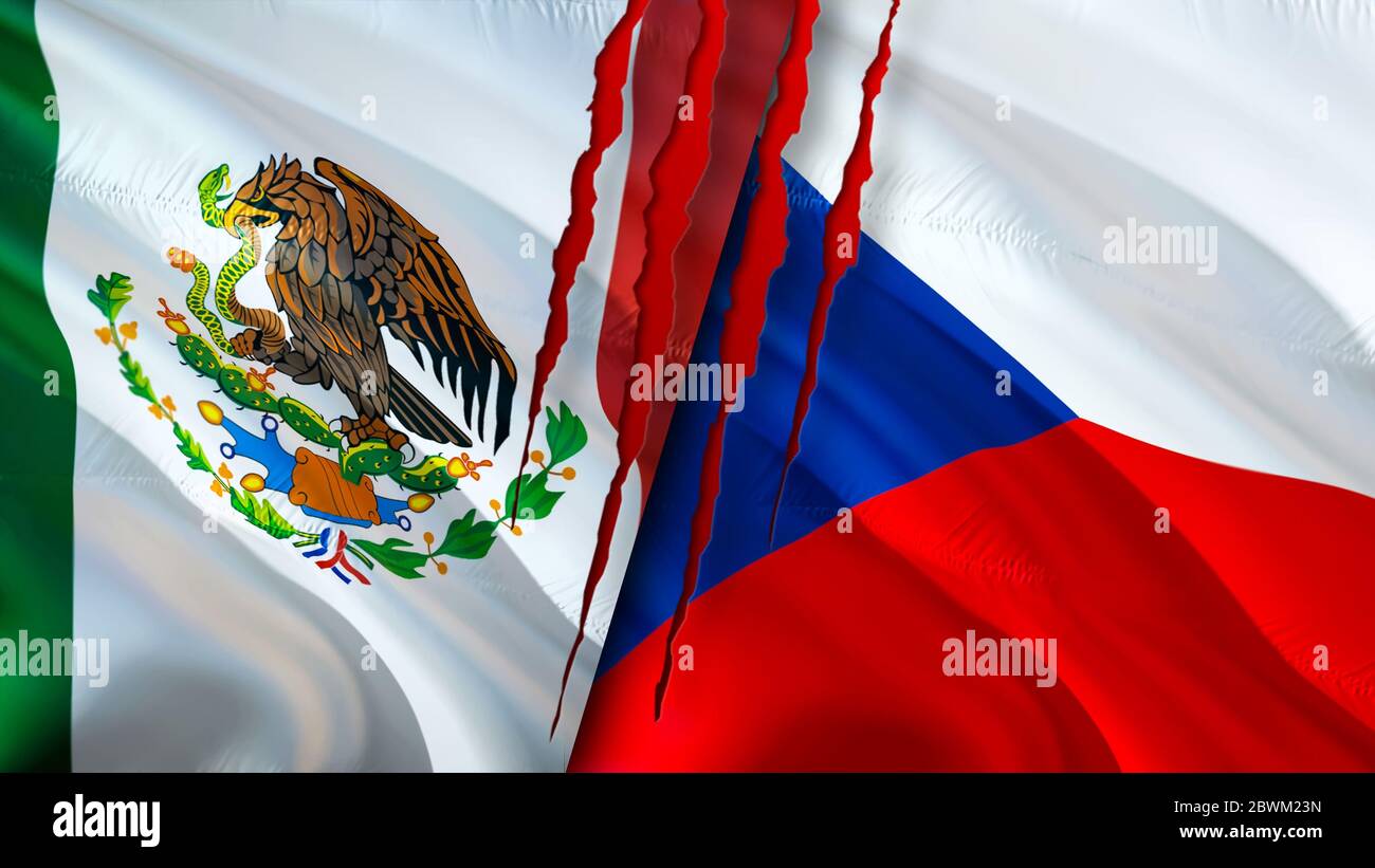 Mexico and Czech flags with scar concept. Waving flag,3D rendering ...