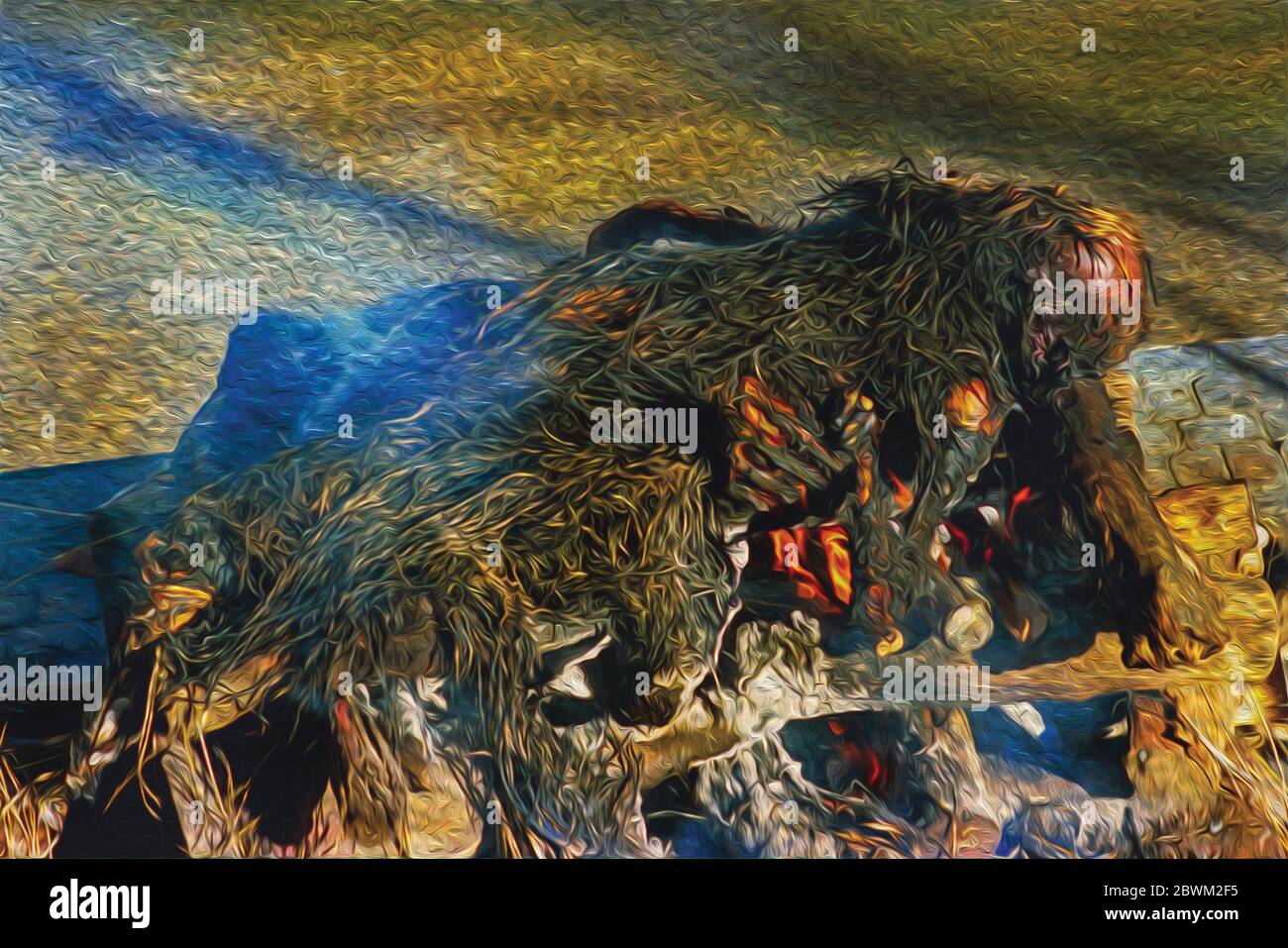 Skeleton of dead person in cremation ritual on holy place near river in ...