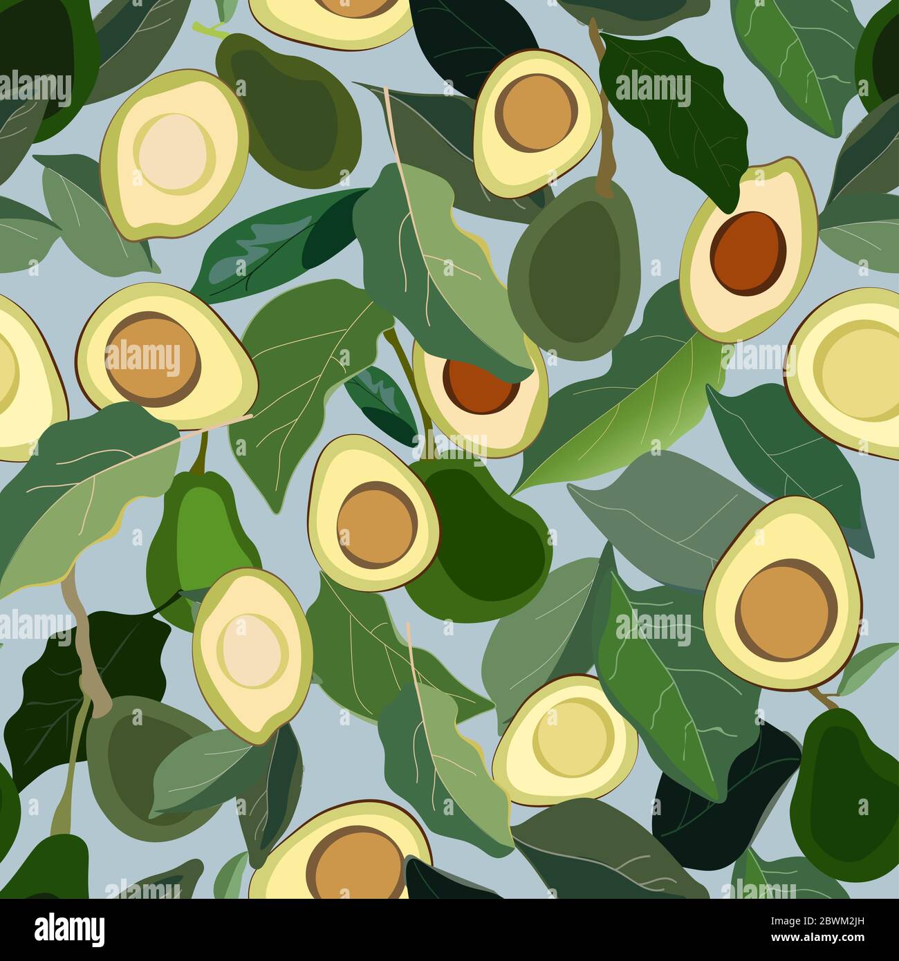 Seamless pattern with leaves and fruits avocado tree on a blue ...
