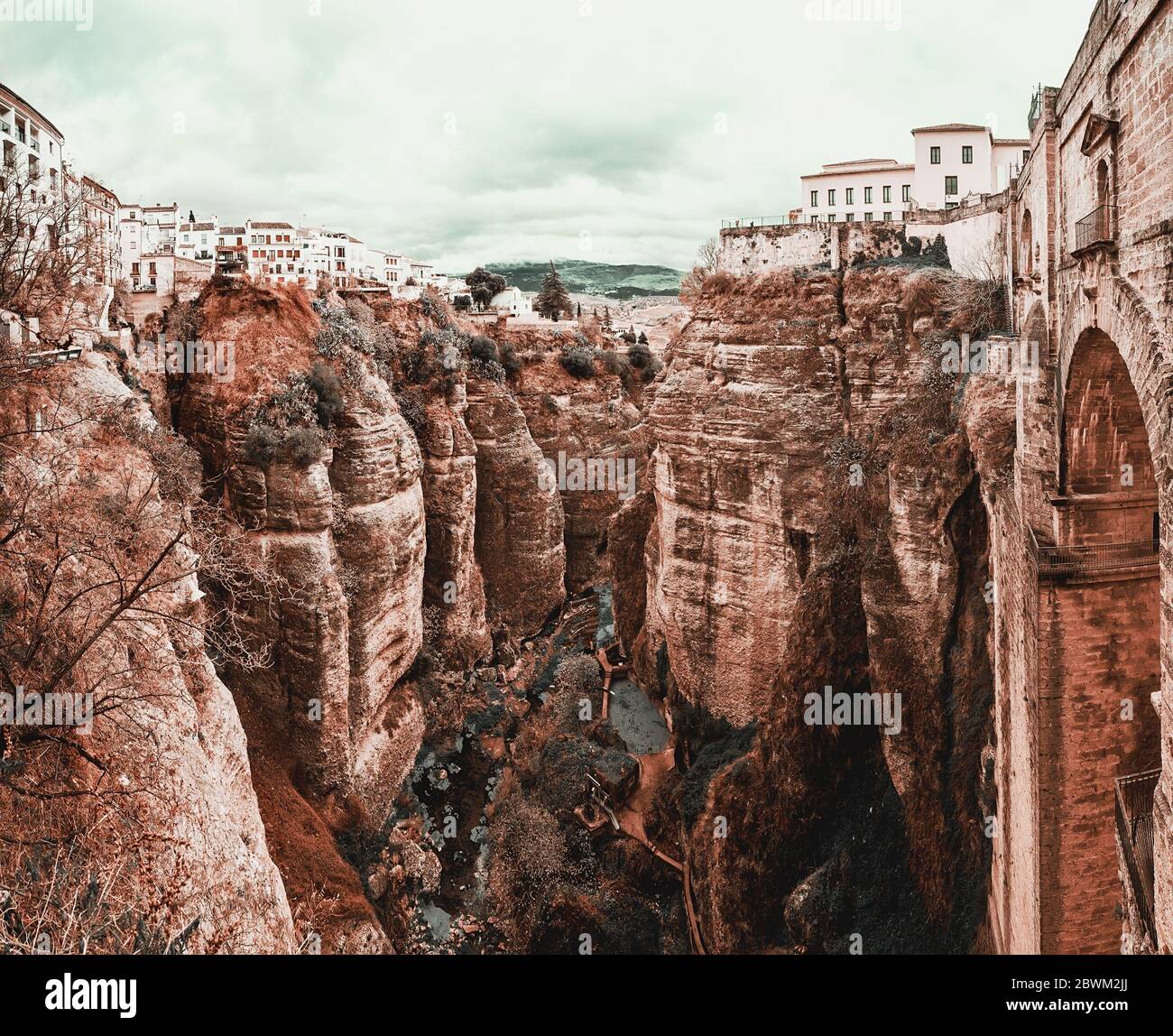 Amazing breathtaking image of Ronda spanish village, huge canyons view ...