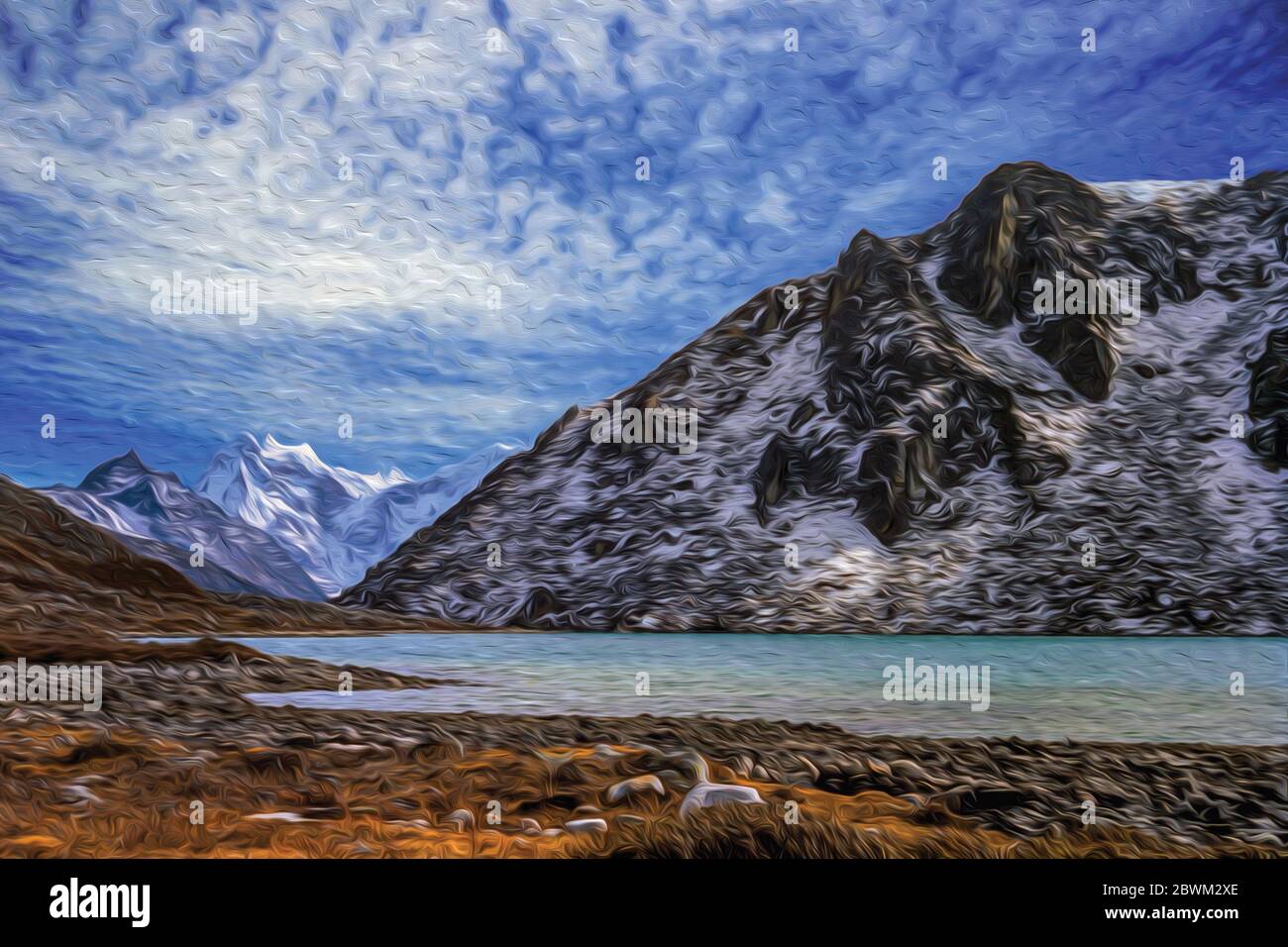 Colossal snowy mountains and deep valleys with blue sky and lake at the ...