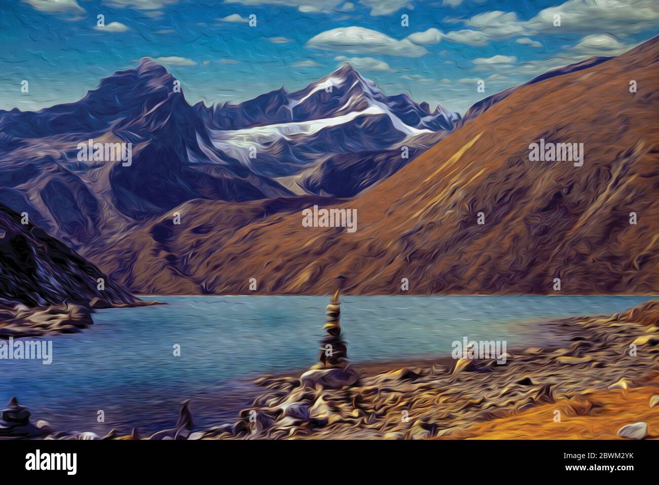 Colossal snowy mountains and deep valleys with blue sky and lake at the ...