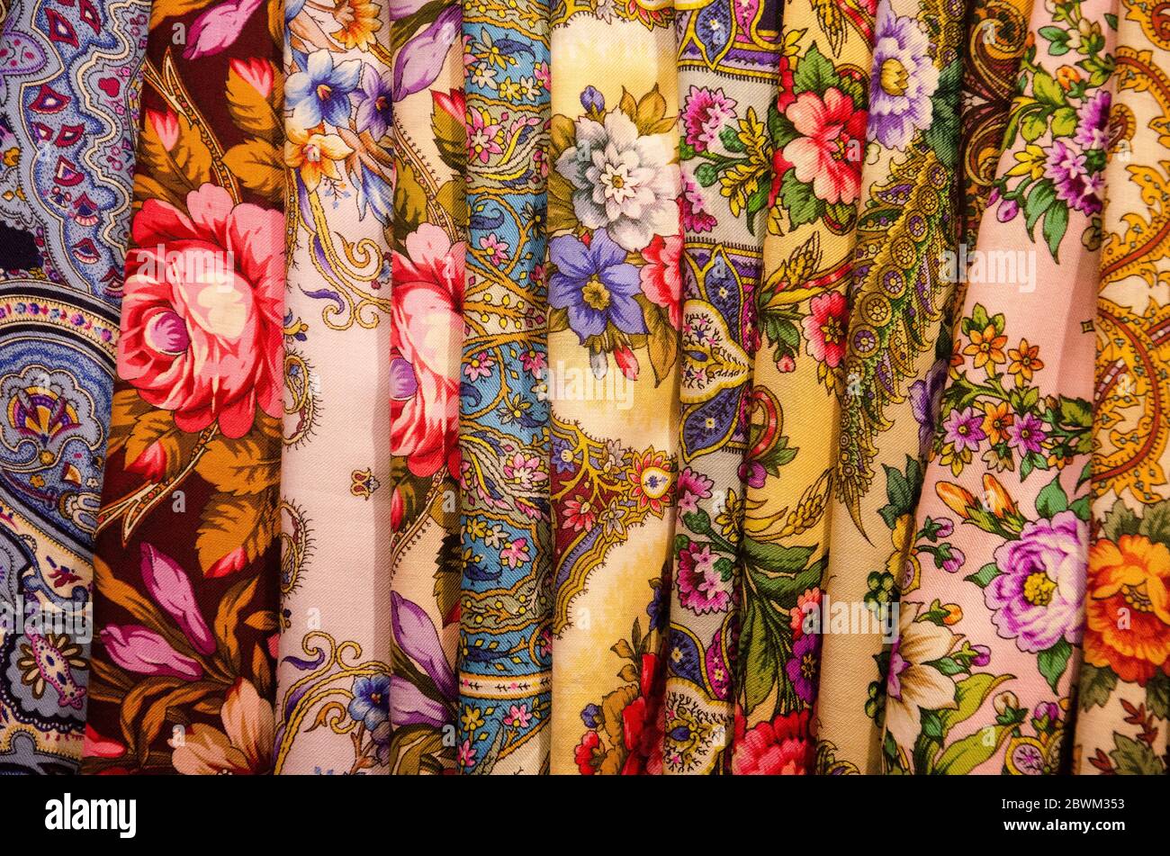 Traditional Russian textile shawls with floral patterns for women Stock ...