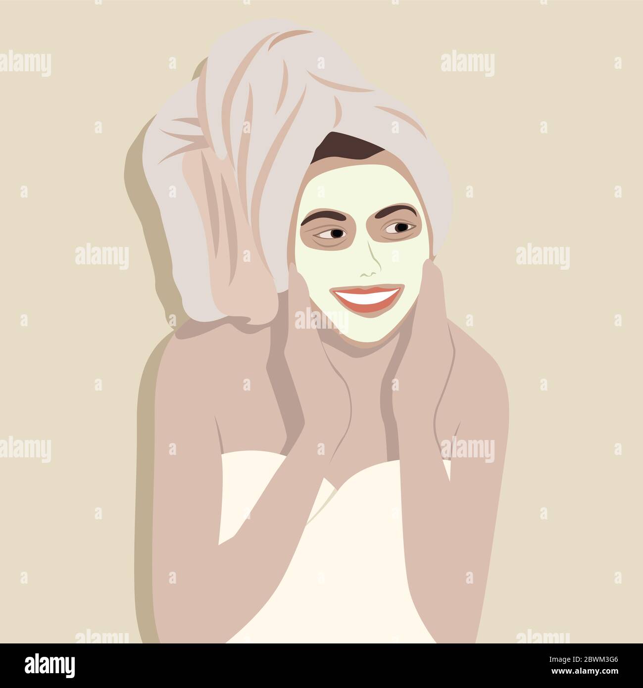 Young Happy Woman In Towel Applying Face Cream And Smiling Girl Making