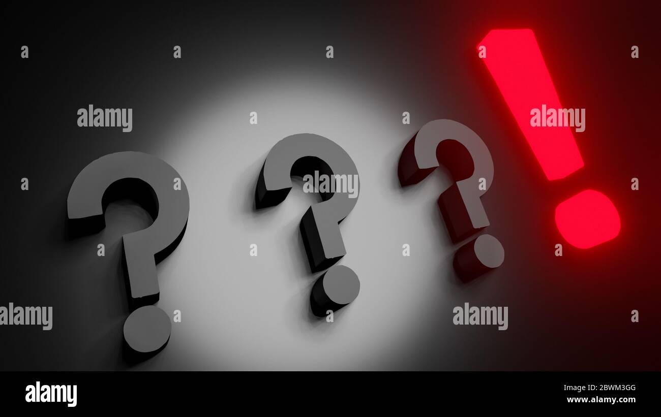 One red glowing exclamation mark and three black question marks in line and order aligned on ...