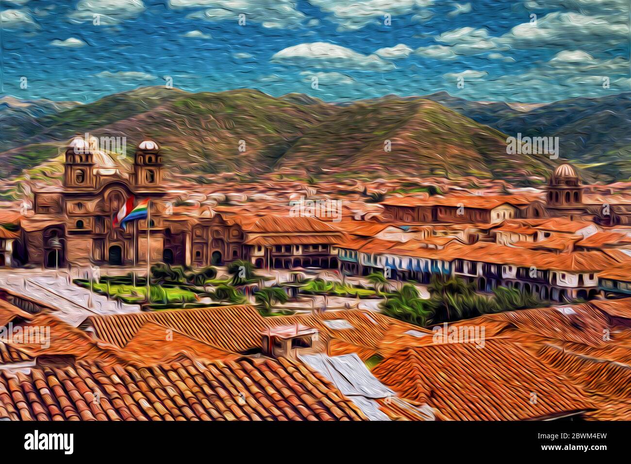 View of roofs and Cathedral at the Plaza de Armas in the historical ...