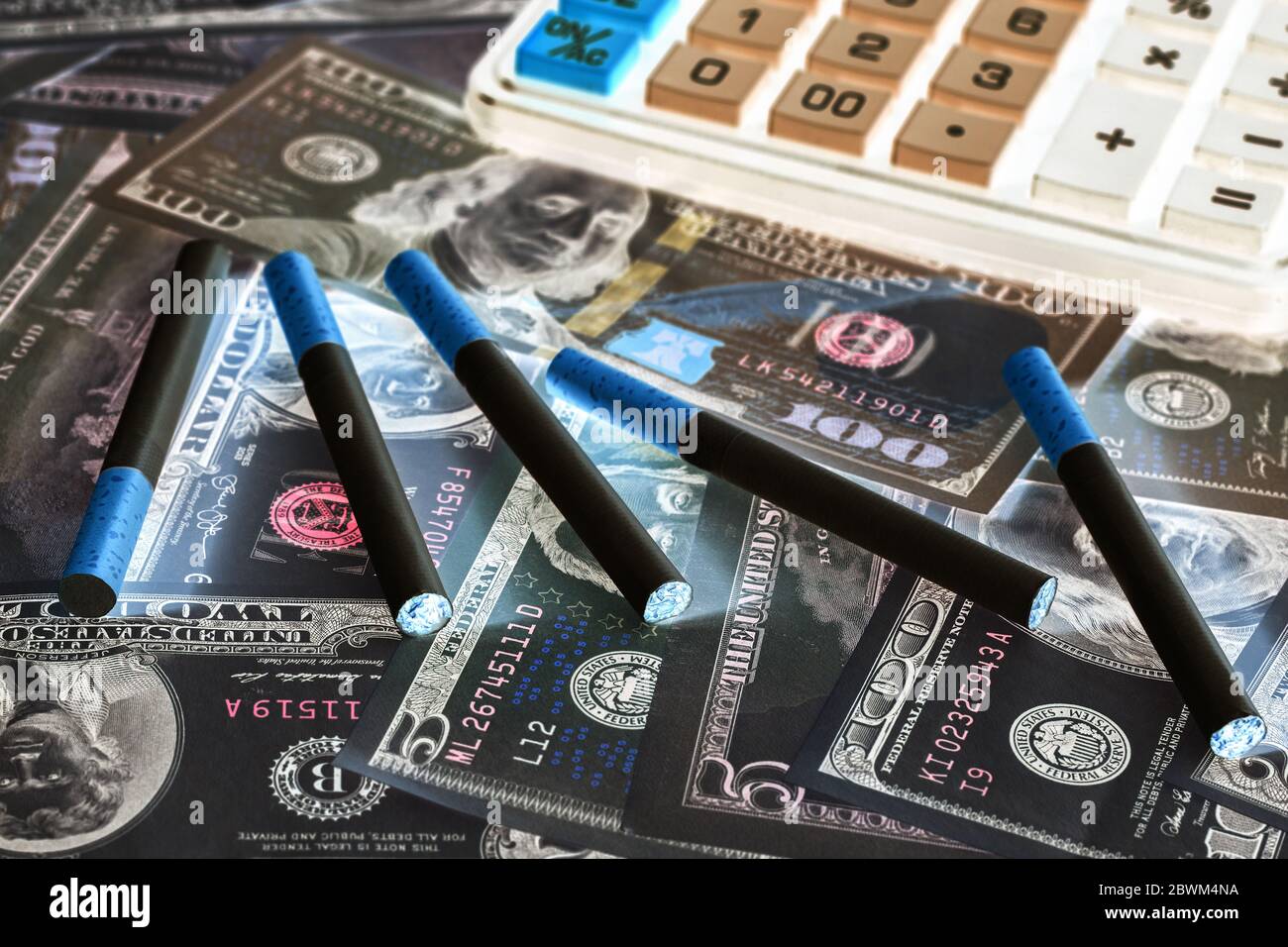 Concept of smoking cost. Cigaretes on a dollars background and black ...