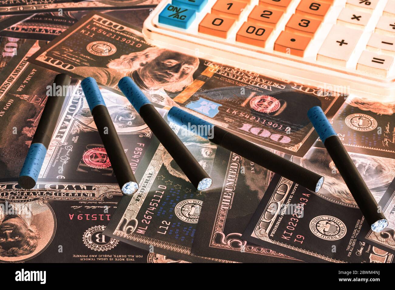 Concept of smoking cost. Cigaretes on a dollars background and black ...